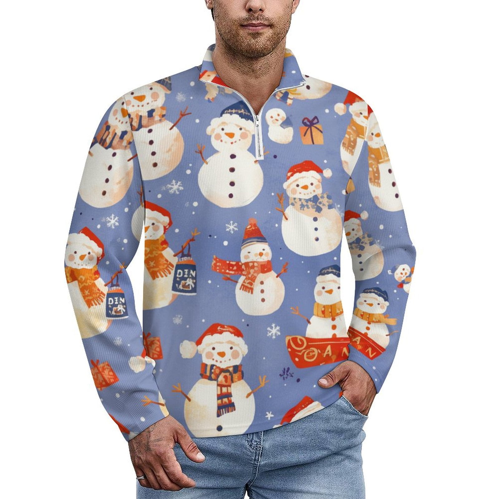Christmas Snowman Men's Sweater Sports POLO Shirt Zip Pullover Mens ...