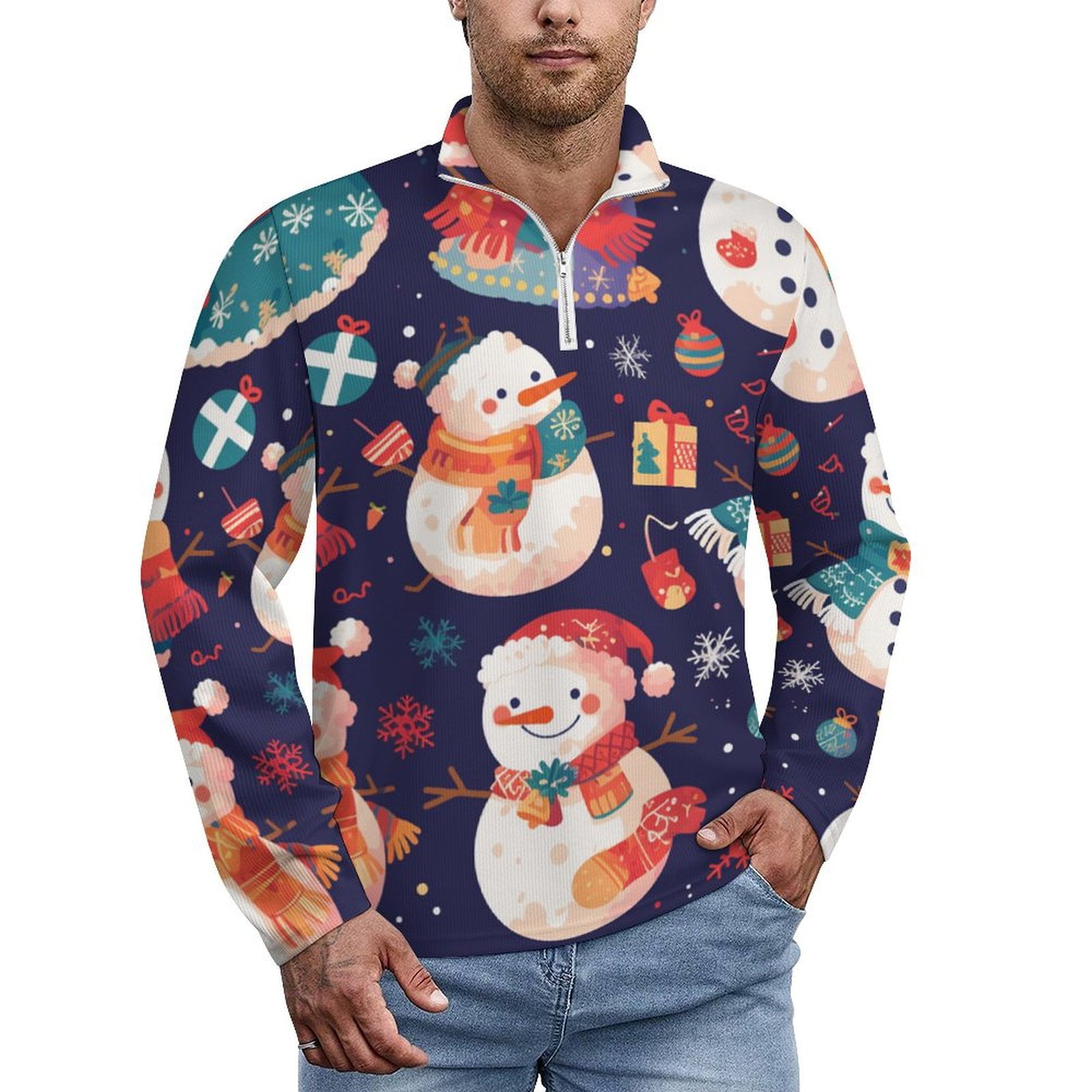 Christmas Snowman Men's Sweater Sports POLO Shirt Zip Pullover Mens ...