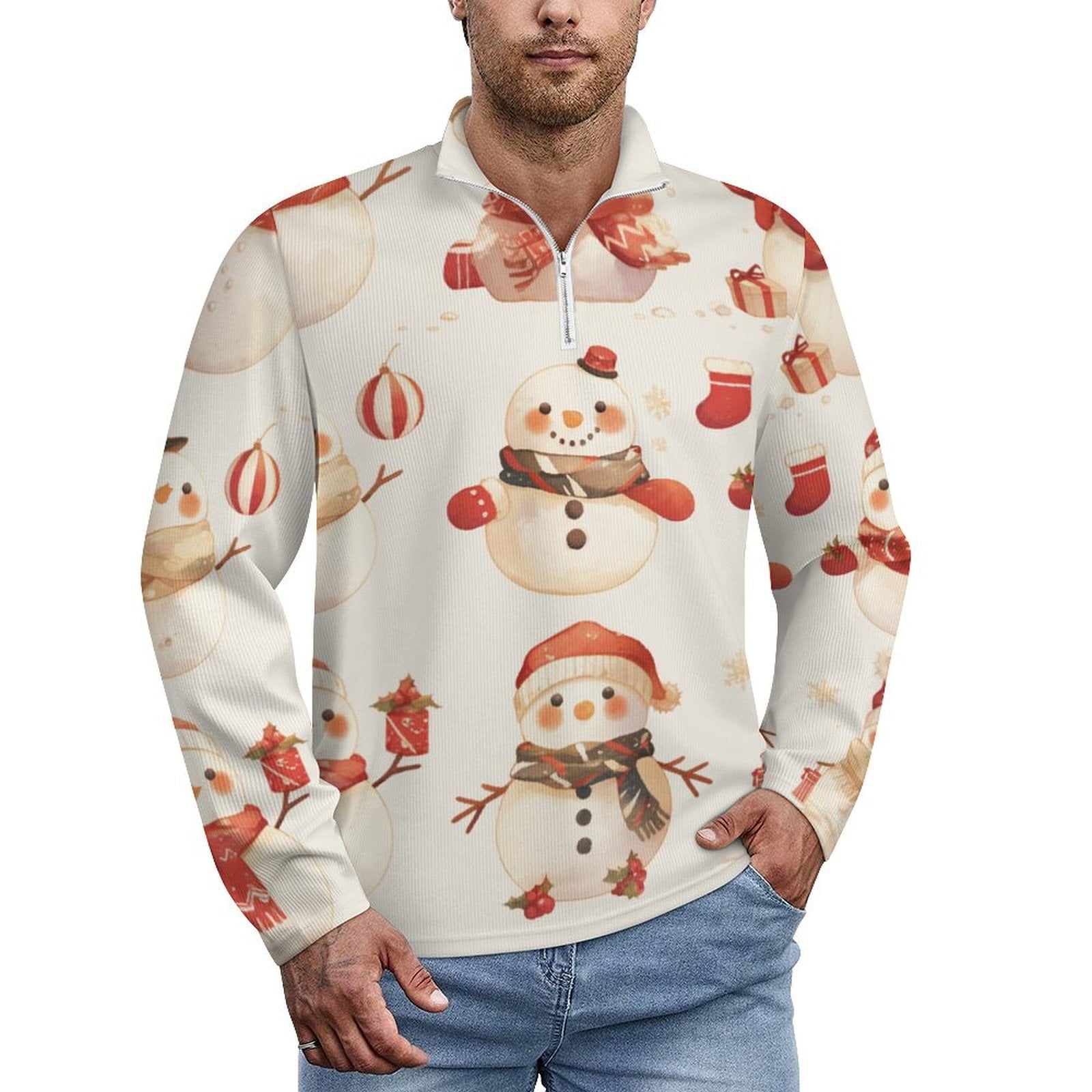Christmas Snowman Men's Sweater Sports POLO Shirt Zip Pullover Mens ...