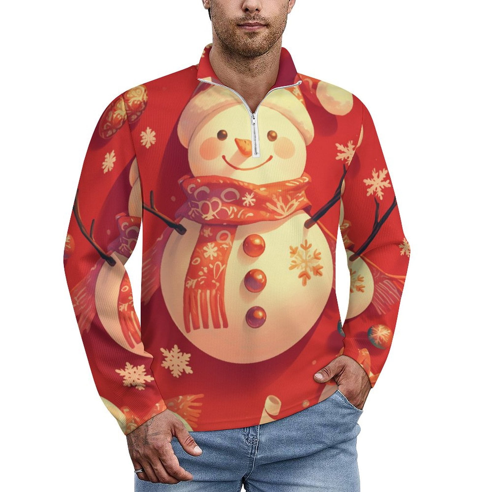 Christmas Snowman Men's Sweater Sports POLO Shirt Zip Pullover Mens ...