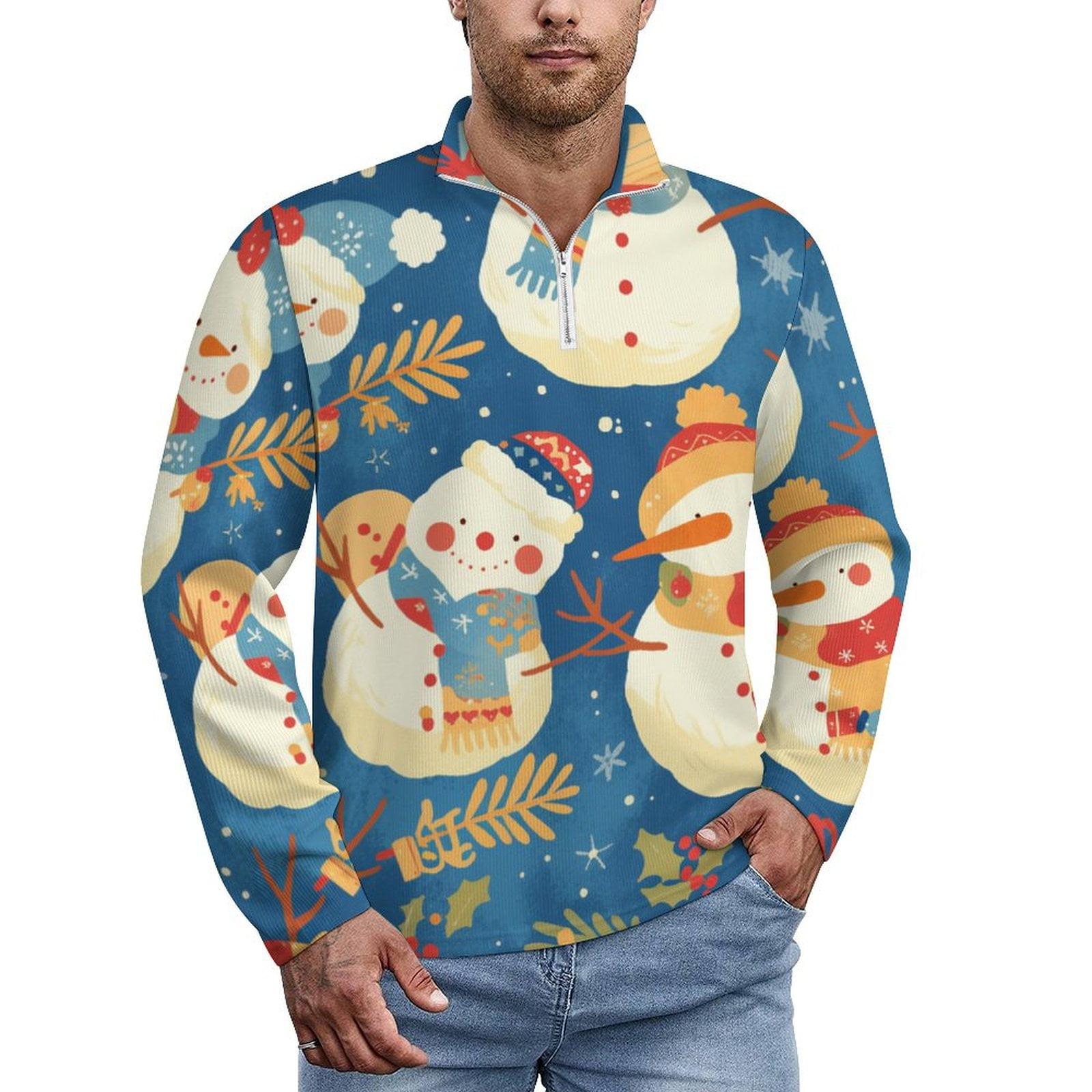 Christmas Snowman Men's Sweater Sports POLO Shirt Zip Pullover Mens ...
