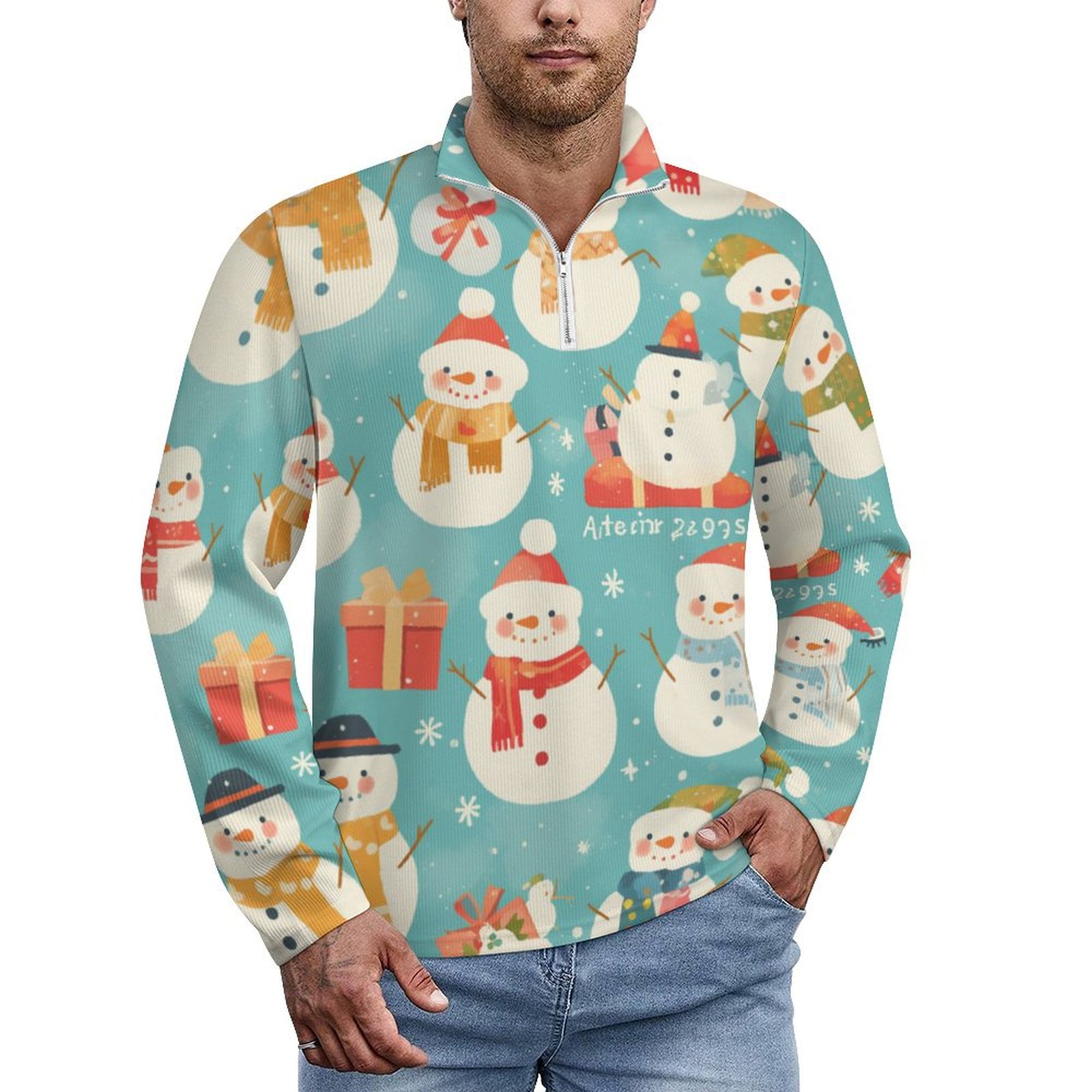 Christmas Snowman Men's Sweater Sports POLO Shirt Zip Pullover Mens ...