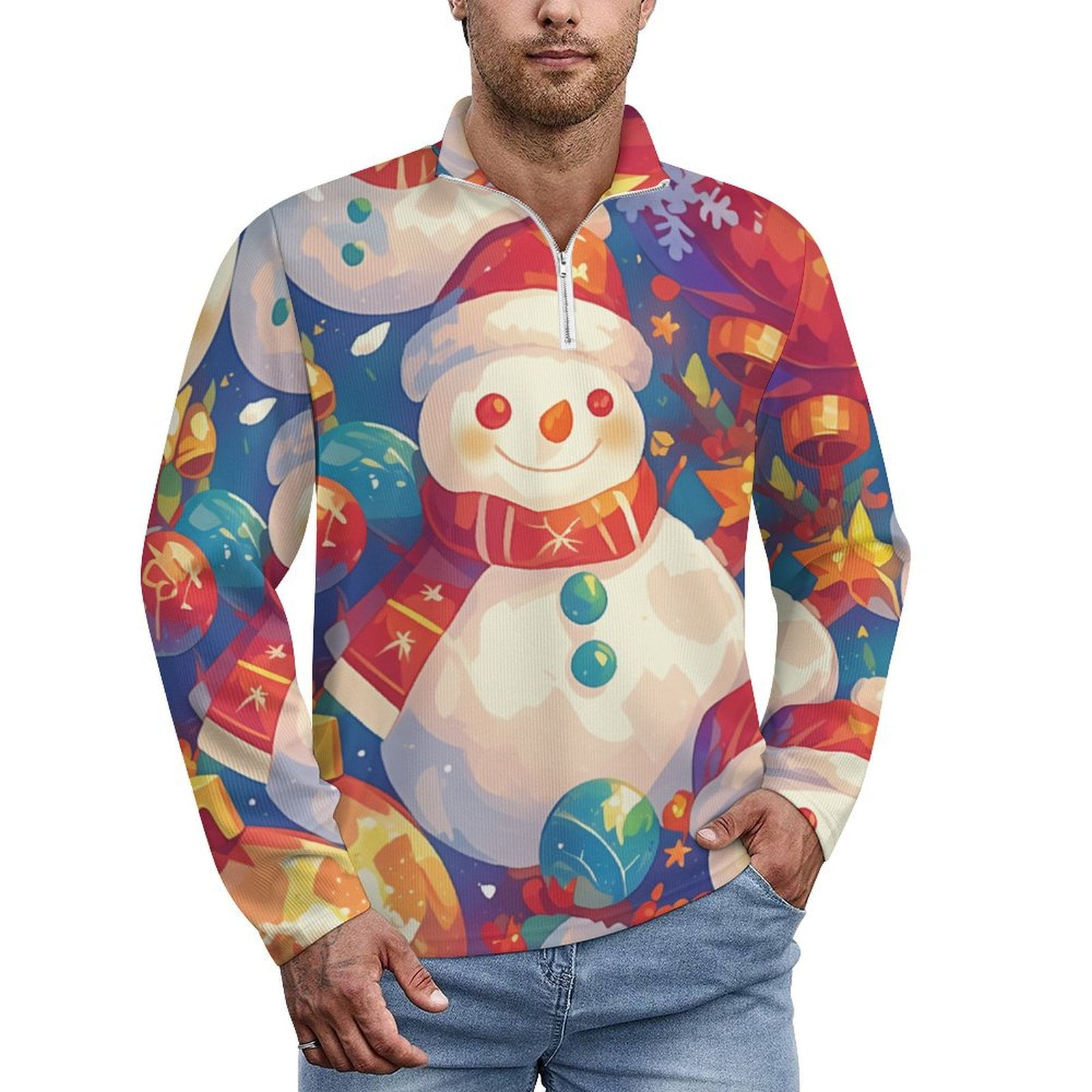 Christmas Snowman Men's Sweater Sports POLO Shirt Zip Pullover Mens ...