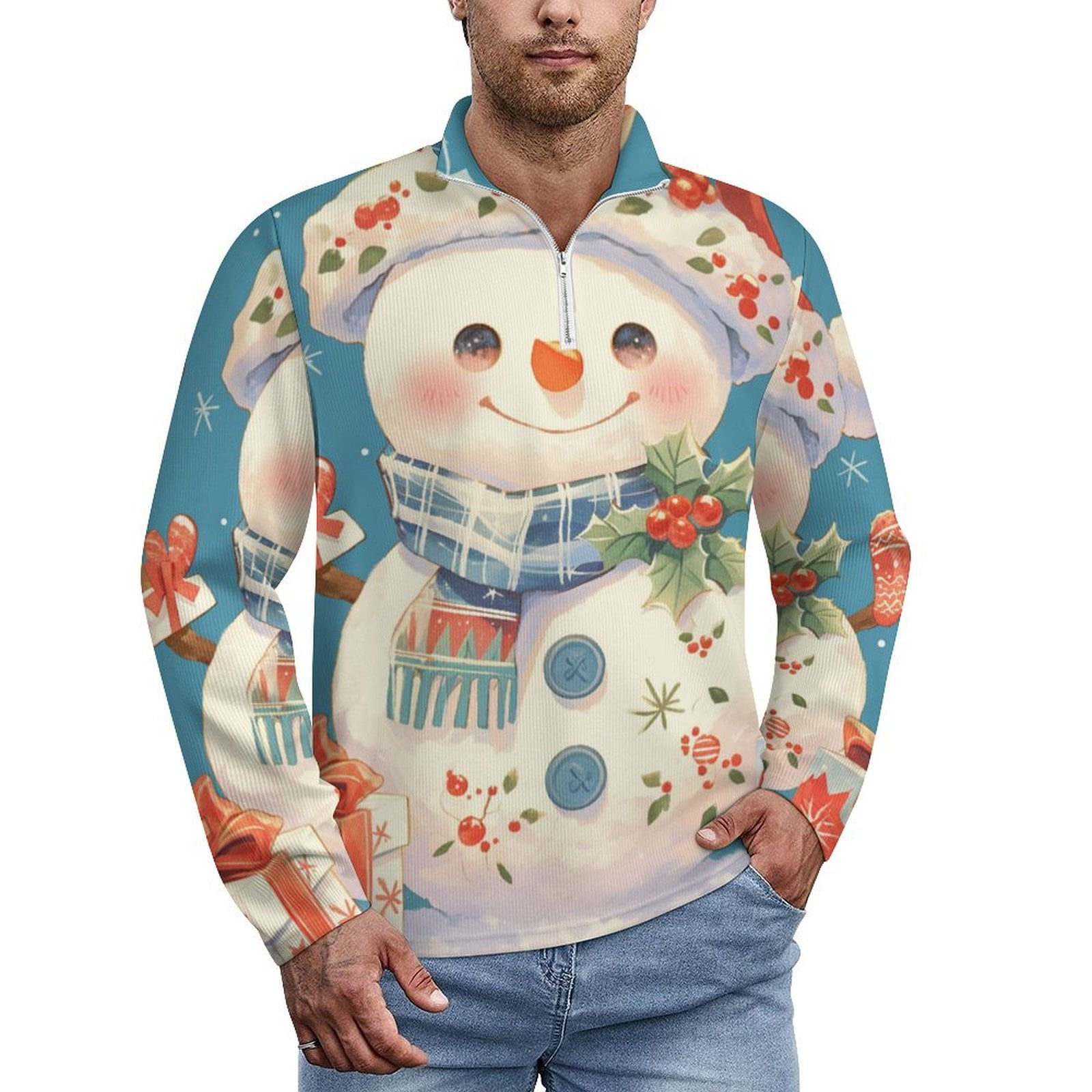 Christmas Snowman Men's Sweater Sports POLO Shirt Zip Pullover Mens ...