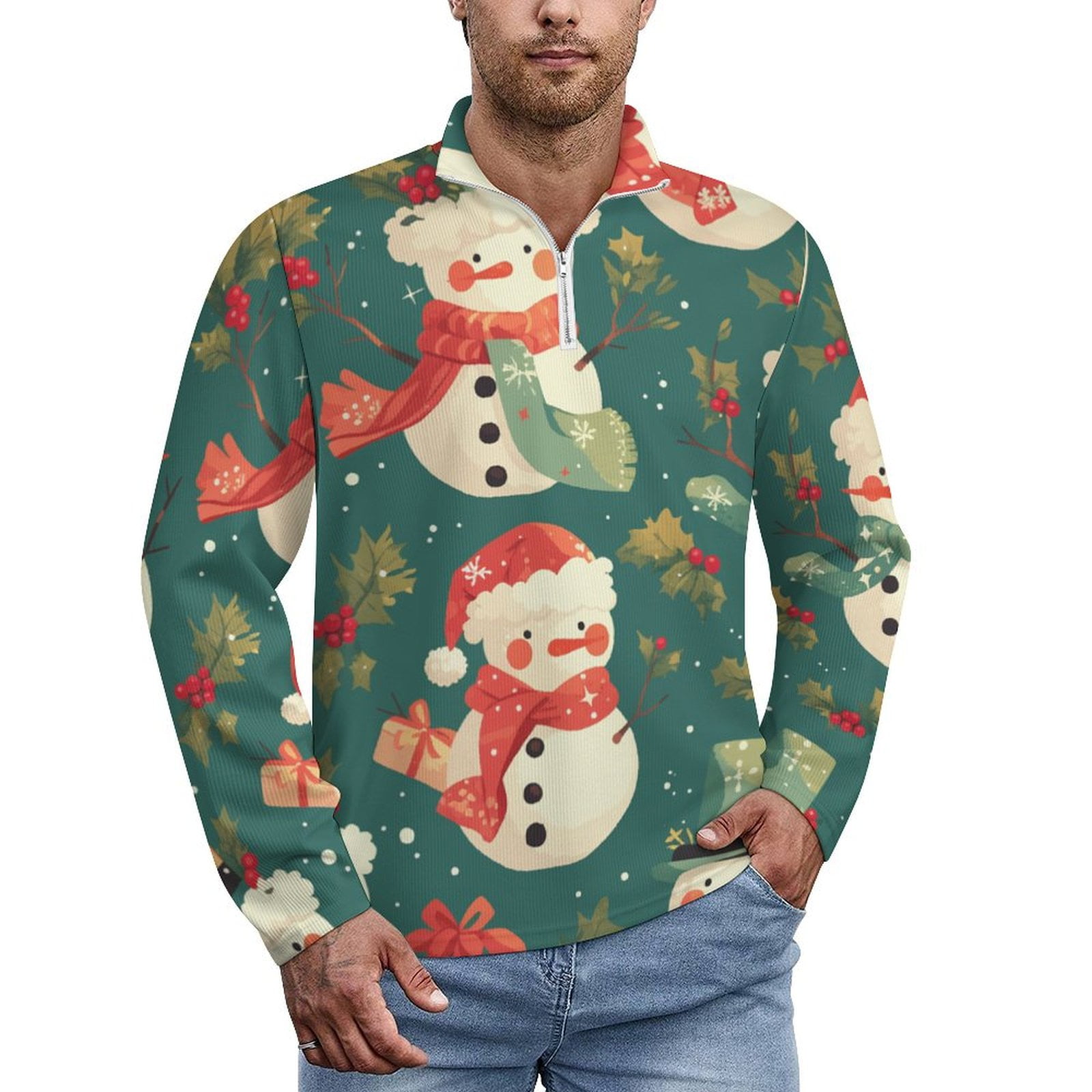 Christmas Snowman Men's Sweater Sports POLO Shirt Zip Pullover Mens ...
