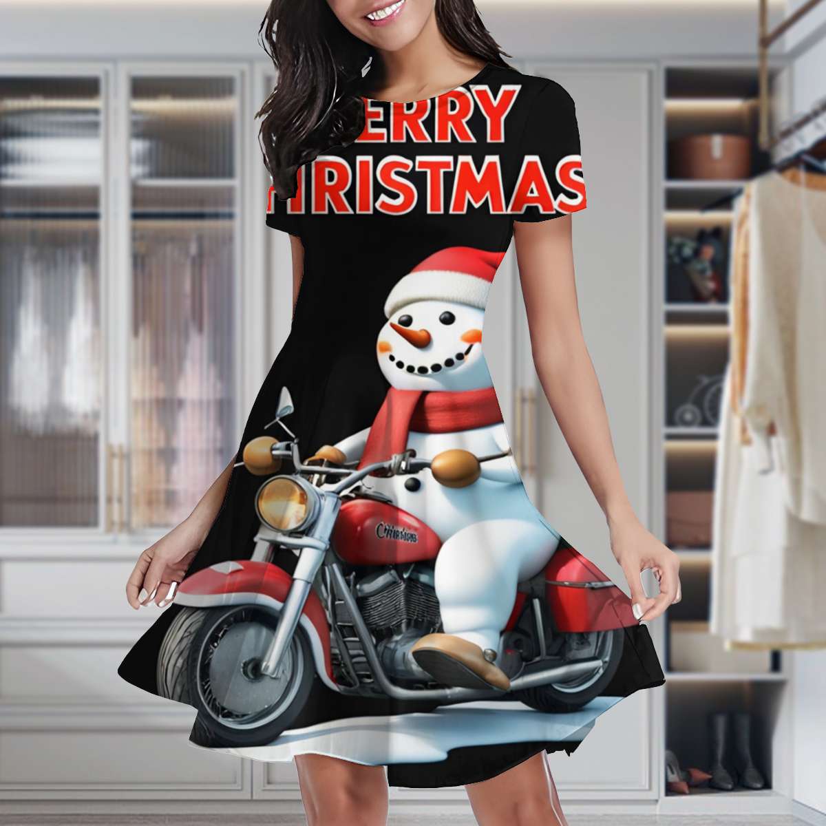 Christmas Snowman Motorcycle Gift Women's Classic Swing Skater Dress ...
