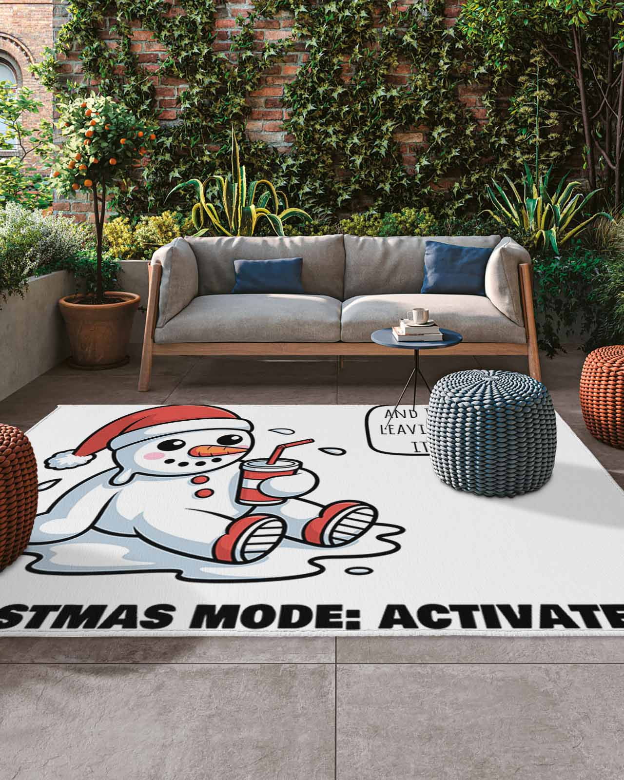 Christmas Snowman Outdoor Rug, Simple Funny Red Hat Melting Snowman ...