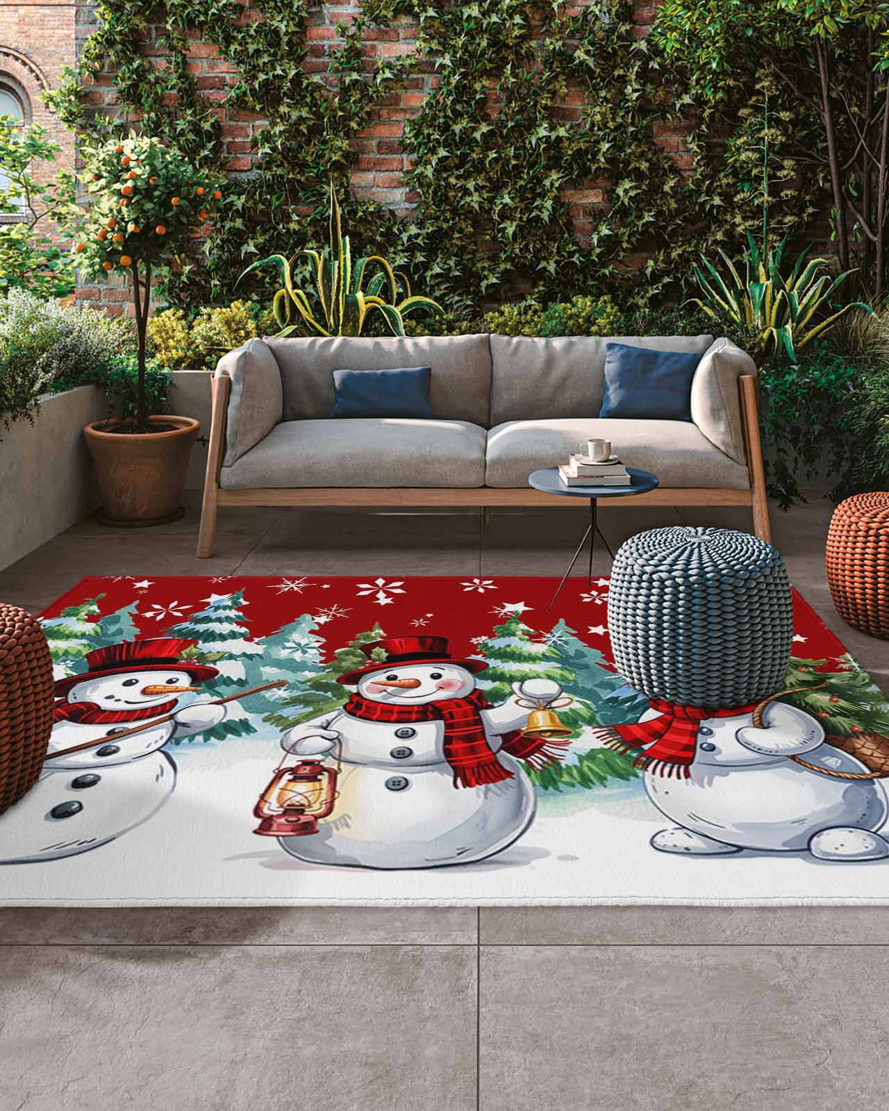 Christmas Snowman Outdoor Rug, Winter Pine Snowflakes Red Retro Art ...