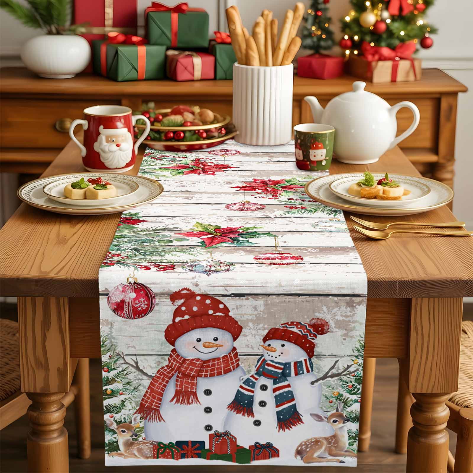 Christmas Snowman Pine Tree Reindeer Table Runner 13x90in Non-Slip ...