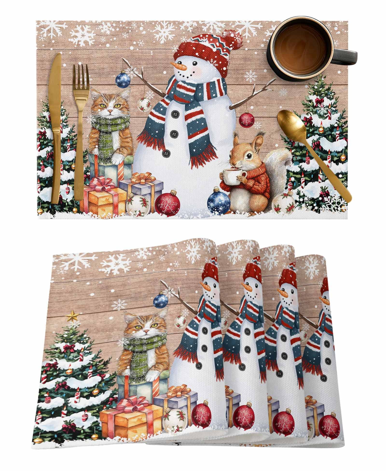 Christmas Snowman Placemats Set of 12 Squirrel Cat Winter Tree ...