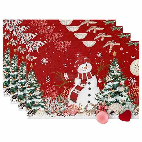 Christmas Snowman Placemats Set of 4, Watercolor Xmas Tree Snowflake ...