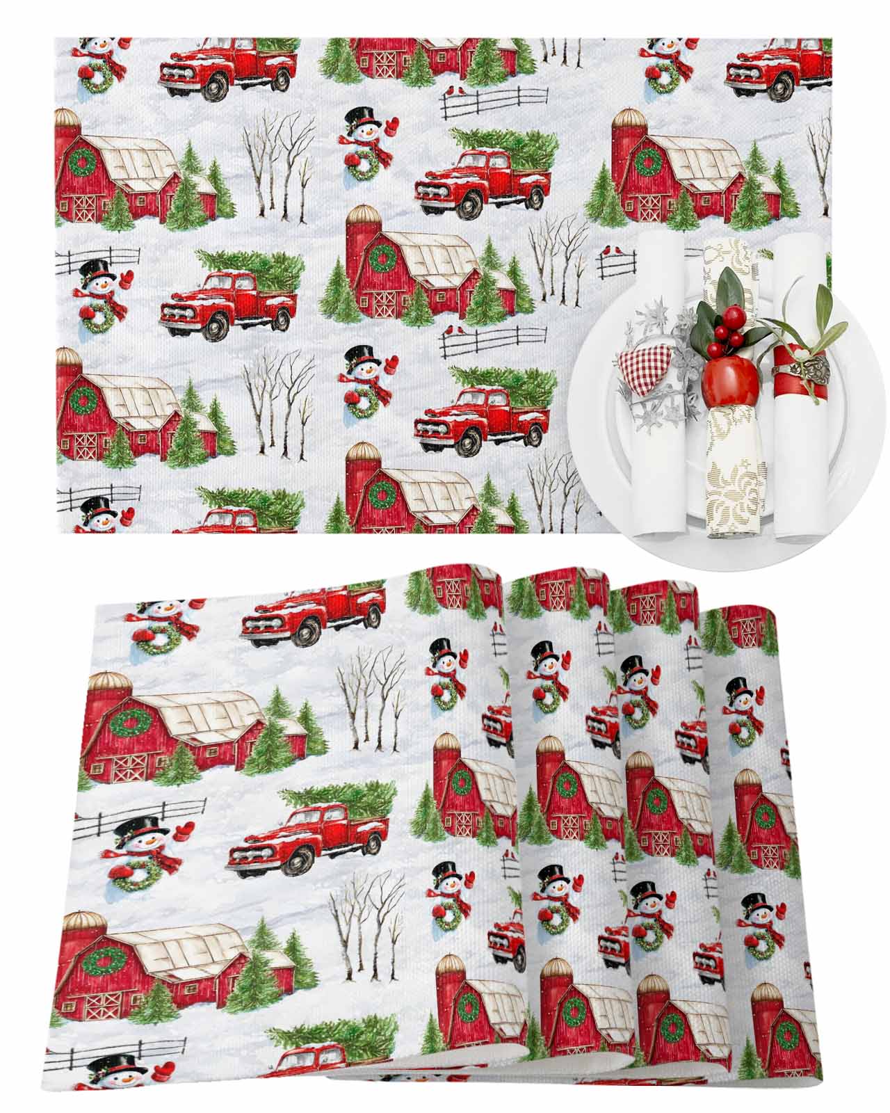 Christmas Snowman Placemats Set of 4 Winter Truck Tree Red Barn ...