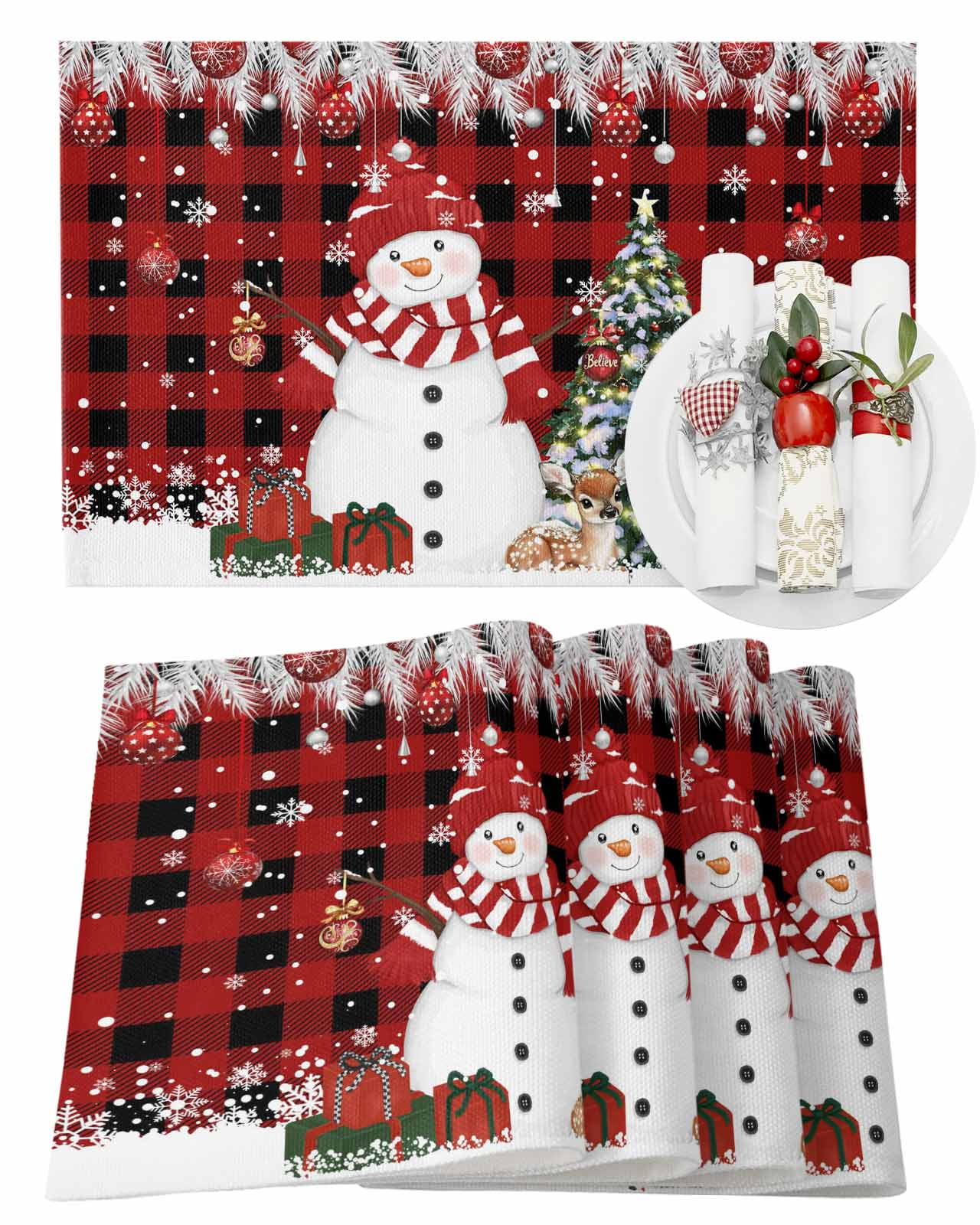 Christmas Snowman Placemats Set of 4 Xmas Tree Ball Winter Fir Leaf Elk ...