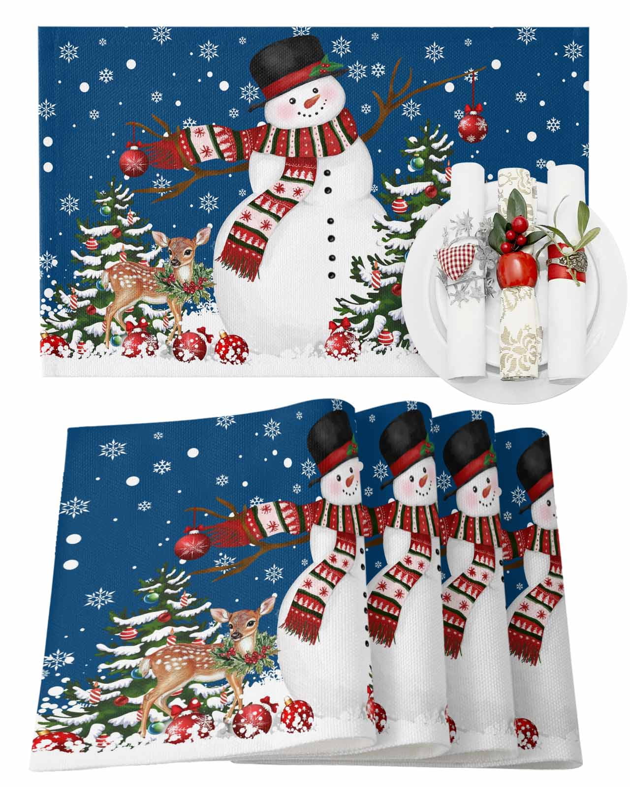 Christmas Snowman Placemats Set of 4 Xmas Tree Deer Winter Snow Scene ...