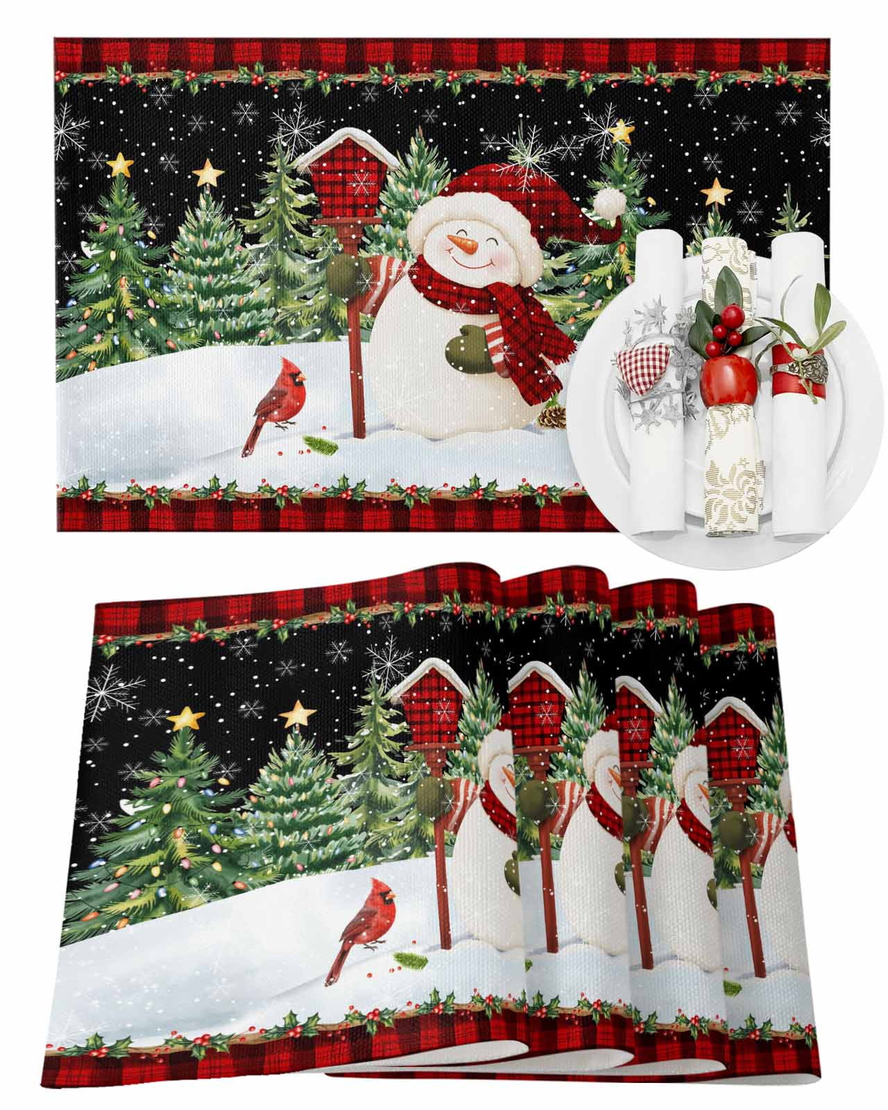 Christmas Snowman Placemats Set of 8 Xmas Tree Forest Snowflake Wood ...