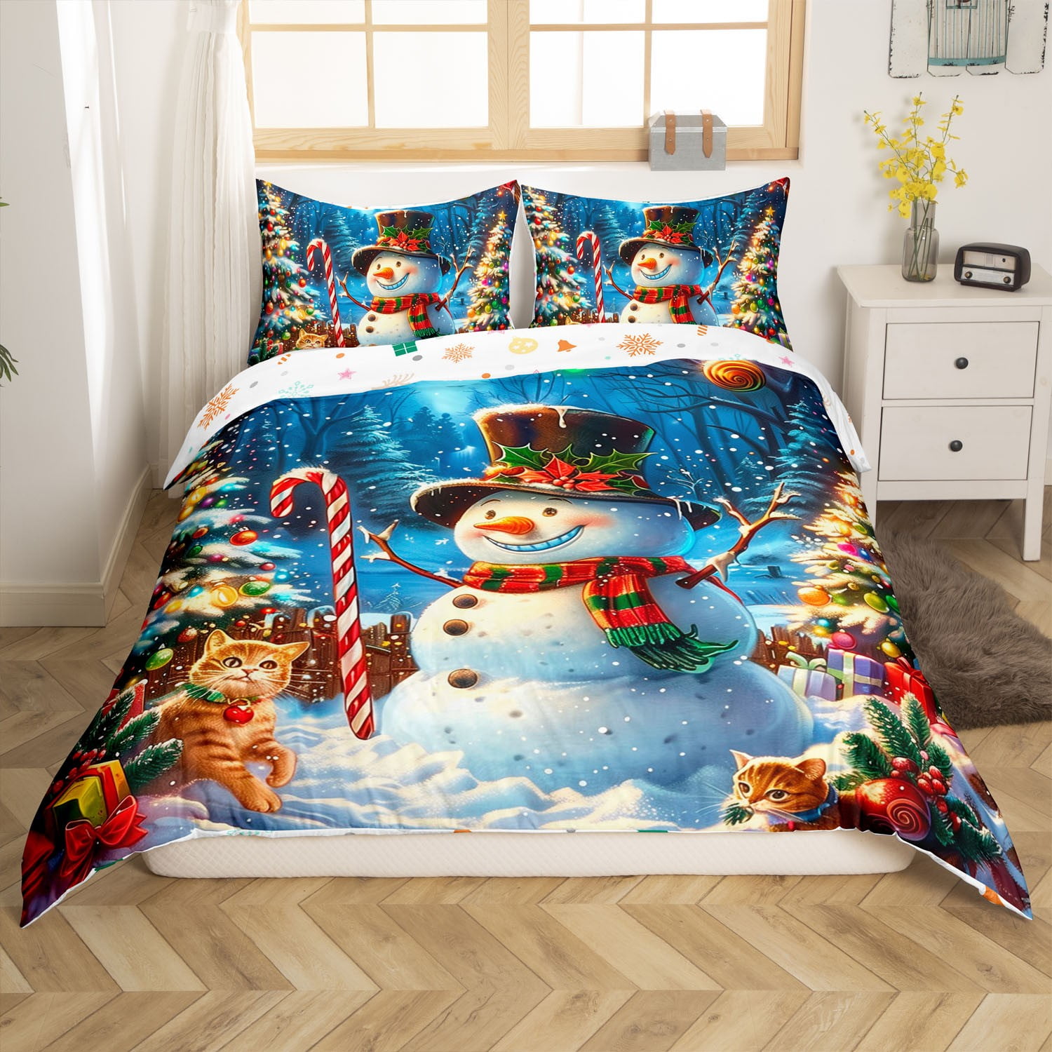 Christmas Snowman Queen Duvet Cover Kawaii Snowman Xmas Bedding Set for ...