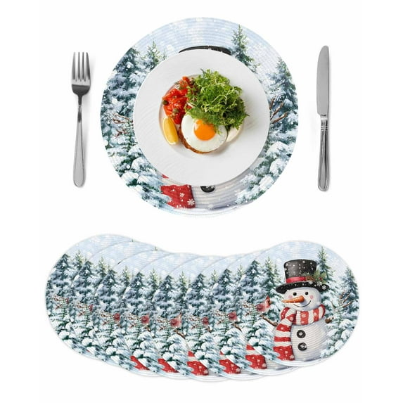 Christmas Snowman Red Bird Round Table Placemats set of 8, Winter Blue ...