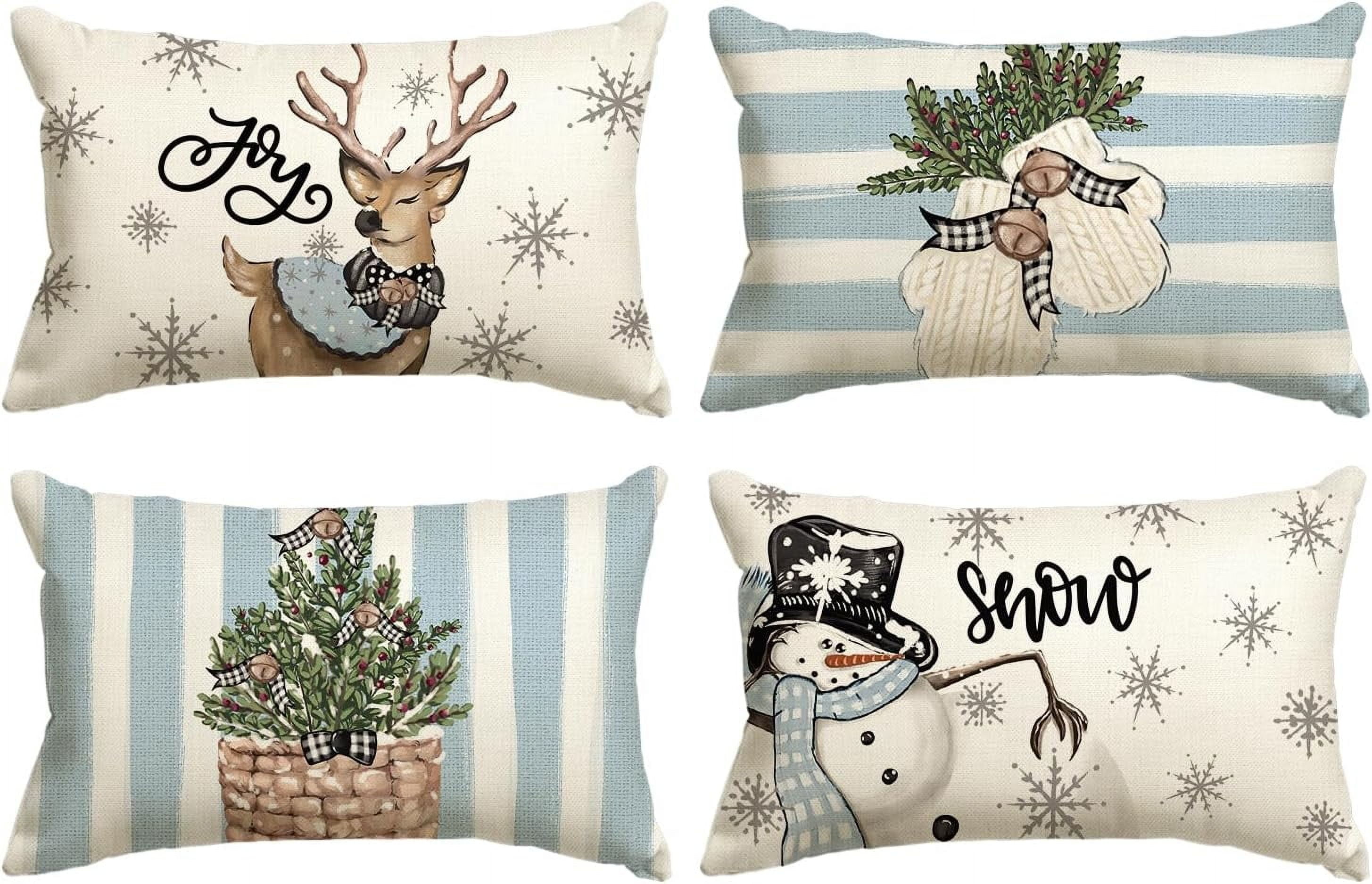 Christmas Snowman Reindeer Gloves Eucalyptus Blue Throw Pillow Covers ...