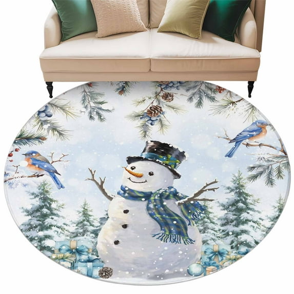 Christmas Snowman Round Area Rug 5ft Pine Leaf Forest Birds Berries ...