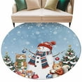 Christmas Snowman Round Area Rug 5ft Squirrel Cat Winter Tree Snowflake ...