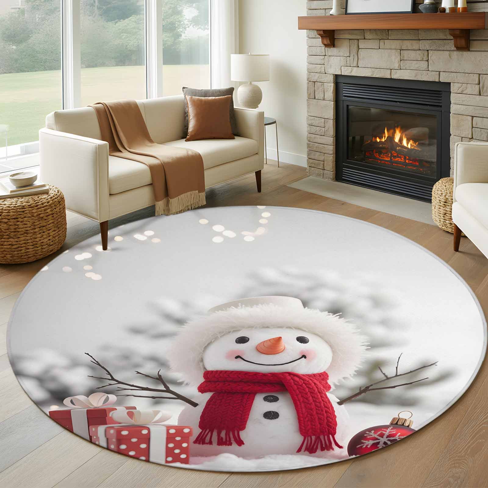 Christmas Snowman Round Rug 5ft Washable Circle Kitchen Rugs Non Slip ...