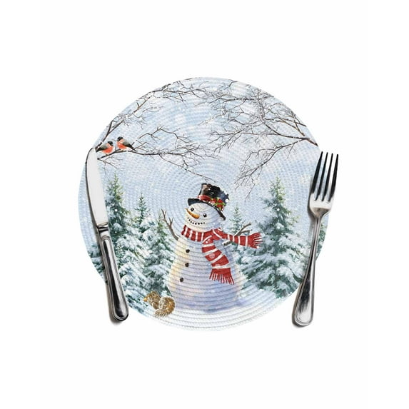 Christmas Snowman Round Table Placemats 1 pc, Winter Blue Snowy Pine ...