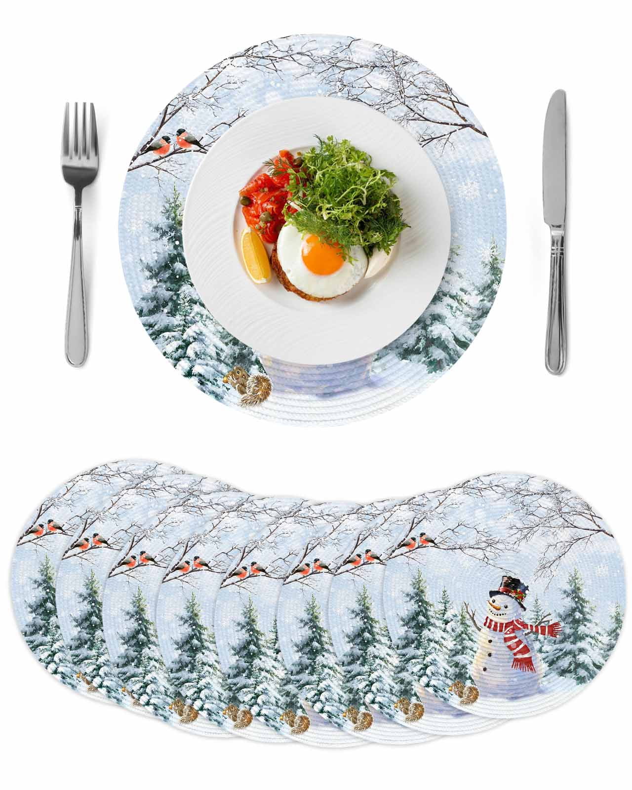 Christmas Snowman Round Table Placemats set of 8, Winter Blue Snowy ...