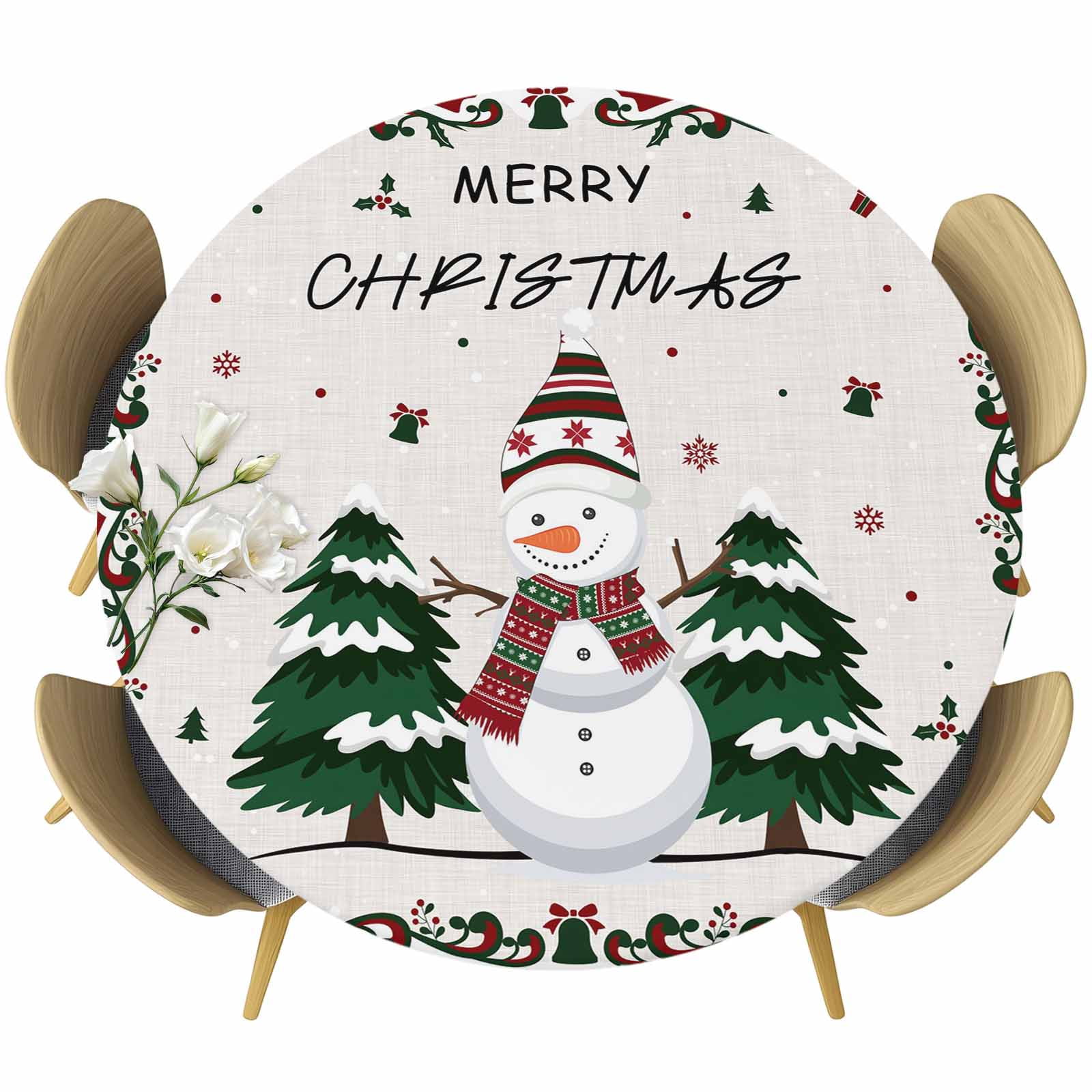 Christmas Snowman Round Tablecloth, Fitted Table Cover with Elastic for ...