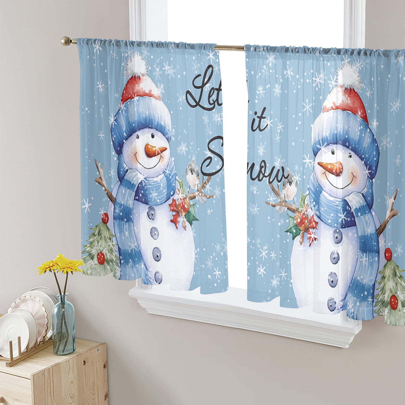 Christmas Snowman Semi Sheer Curtains 45 Inch Length 2 Panels Set, Xmas ...