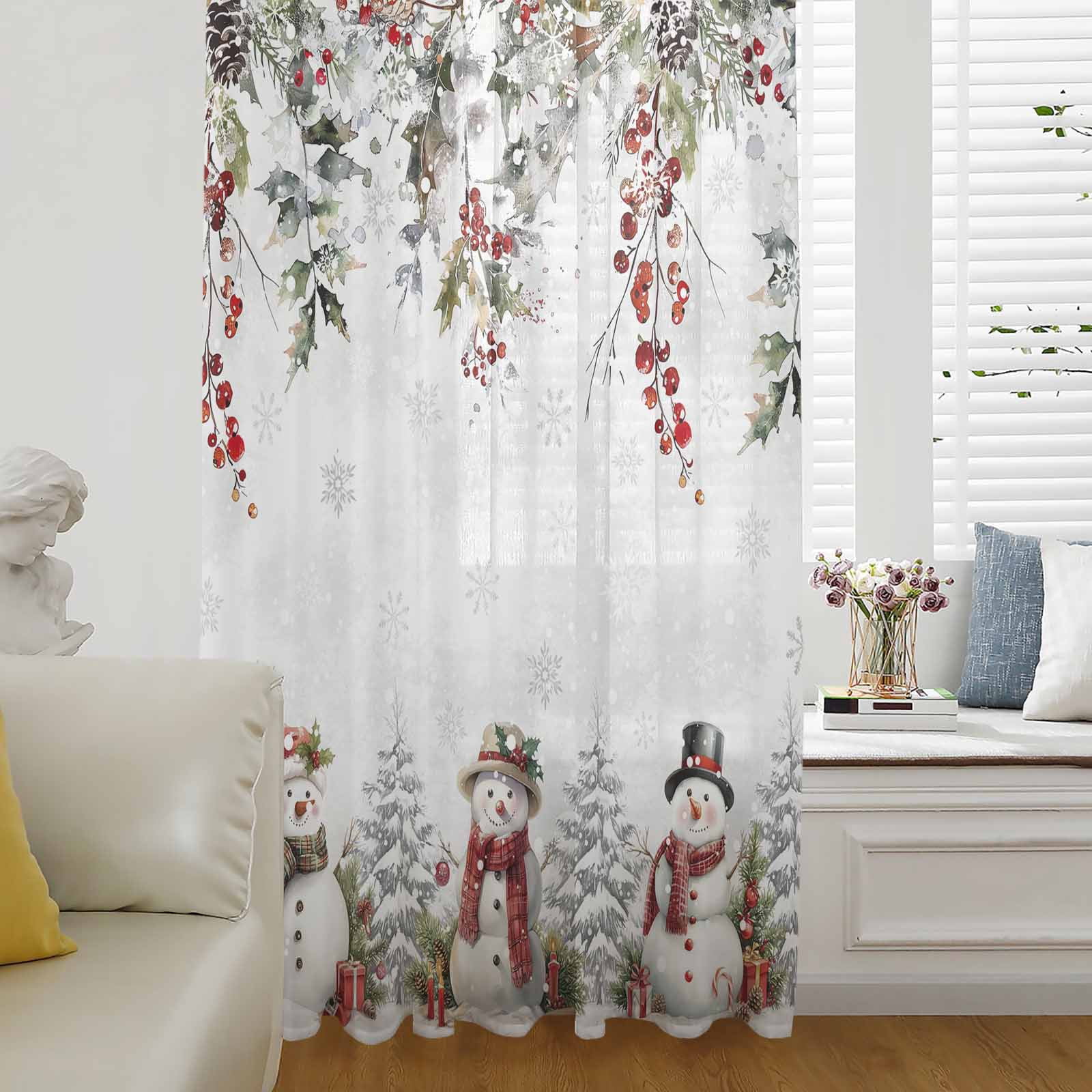 Christmas Snowman Semi Sheer Curtains Drapes for Living Room, Bedroom ...