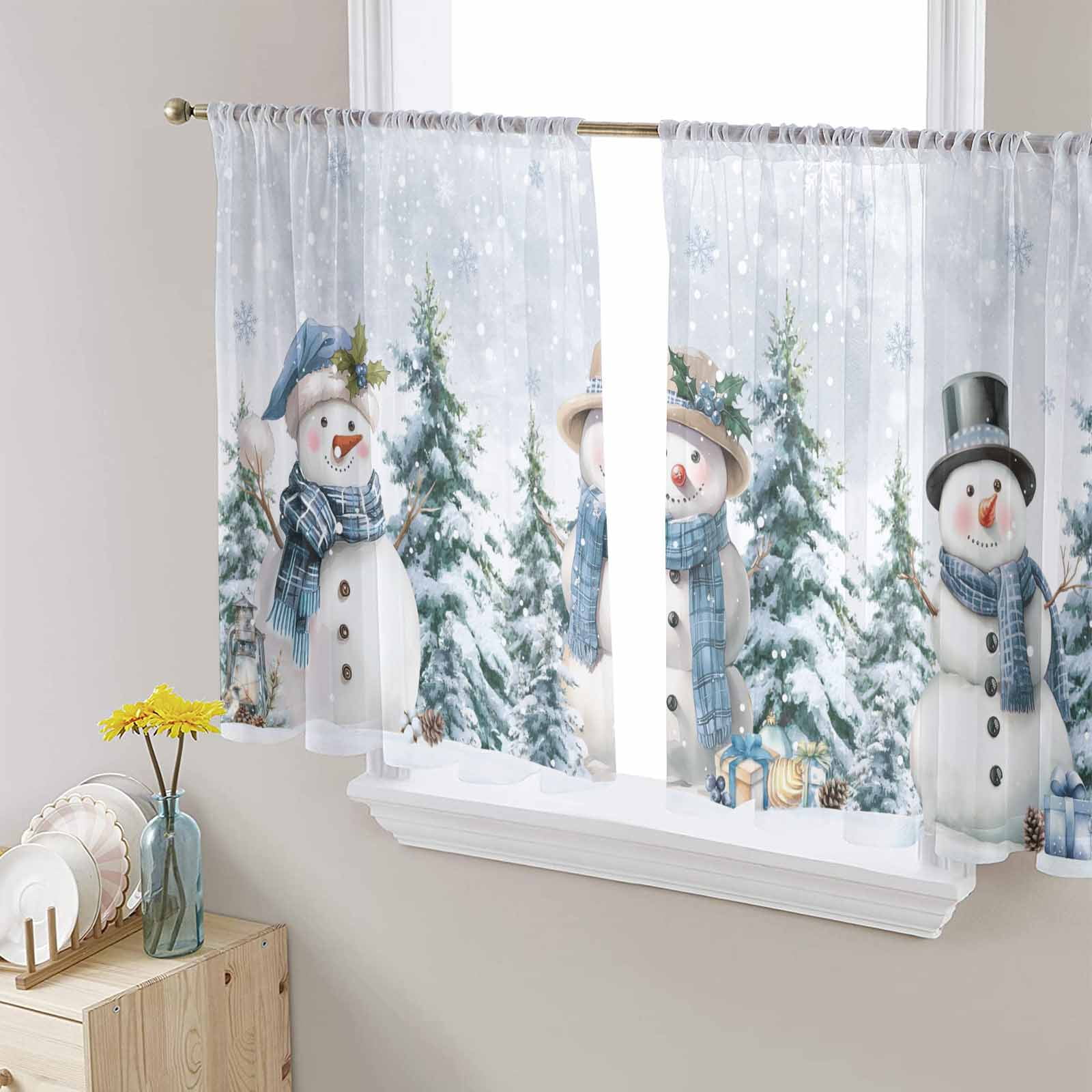 Christmas Snowman Sheer Curtains 45 Inch Length 2 Panels Set, Semi ...