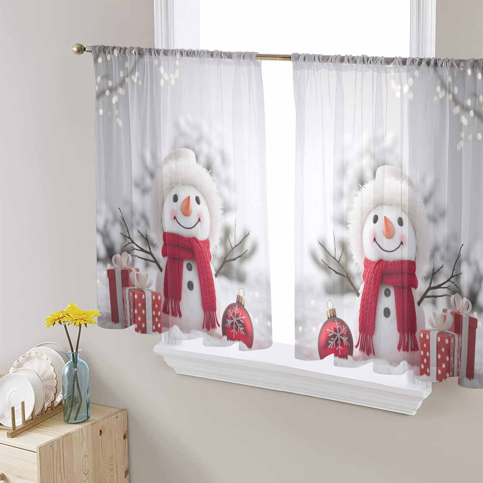 Christmas Snowman Sheer Curtains 45 Inch Length 2 Panels Set, Semi ...