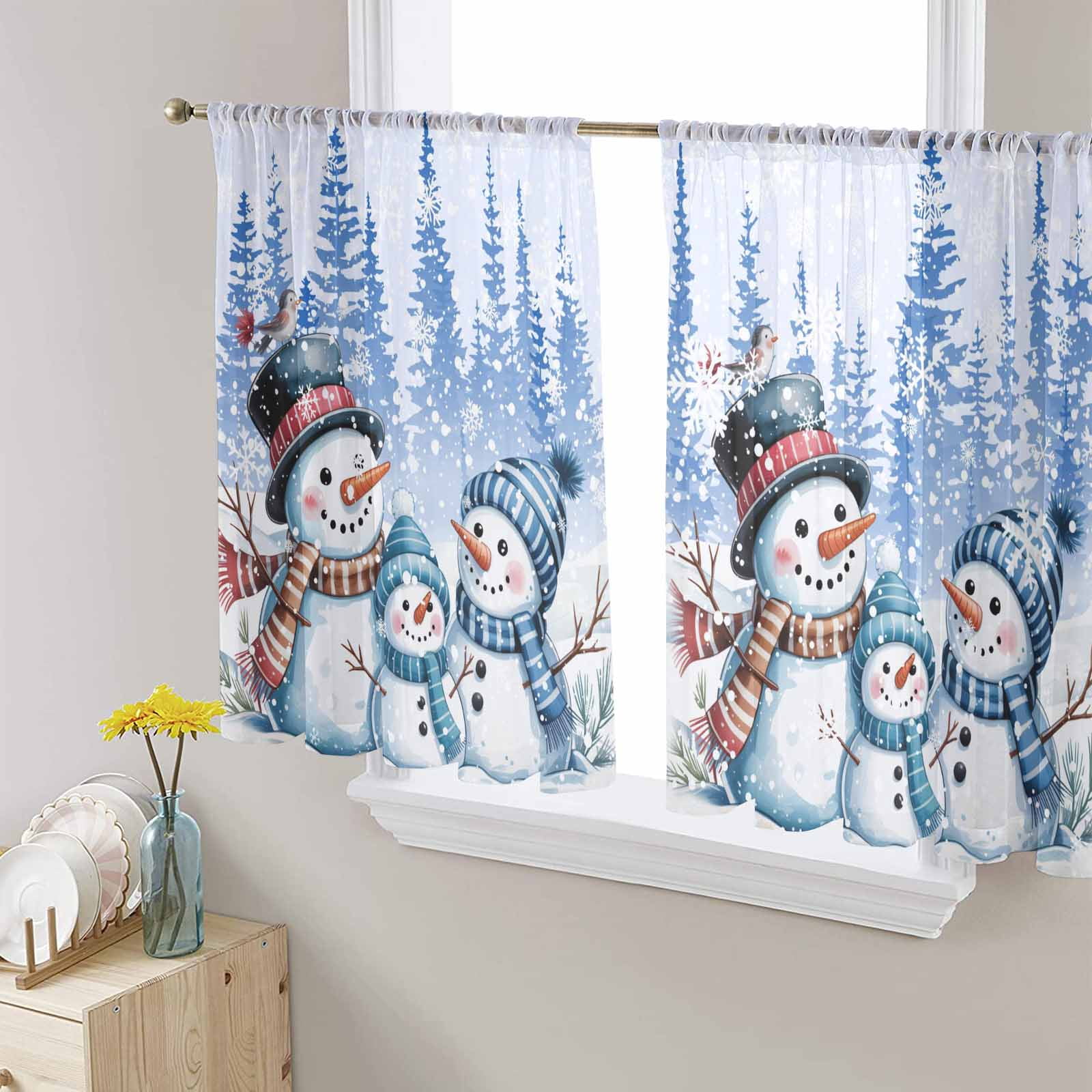 Christmas Snowman Sheer Curtains 45 Inch Length 2 Panels Set, Semi ...