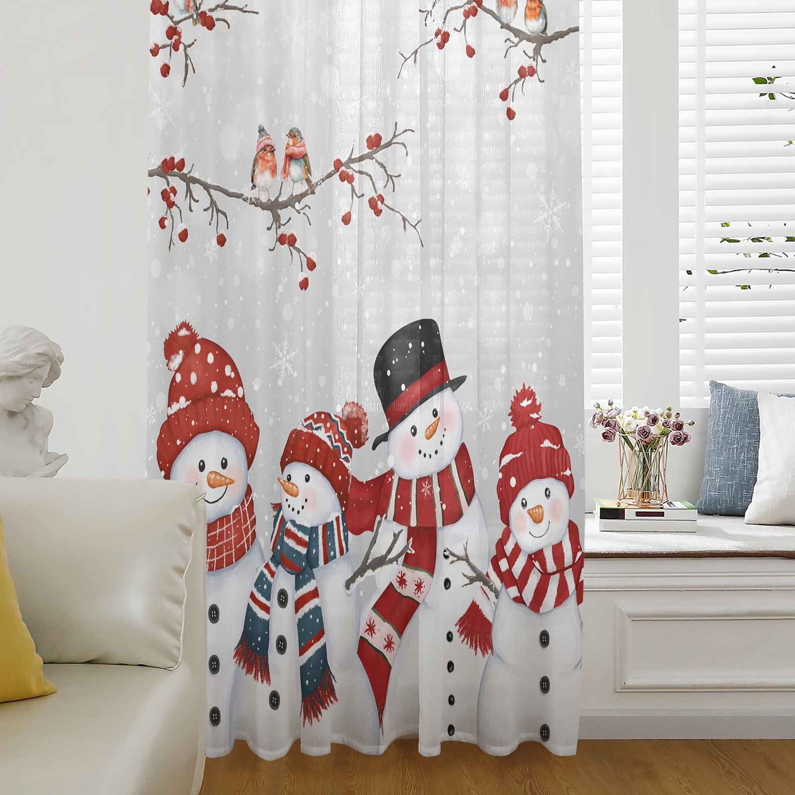 Christmas Snowman Sheer Curtains 54 Inch Length, Light Filtering Voile ...