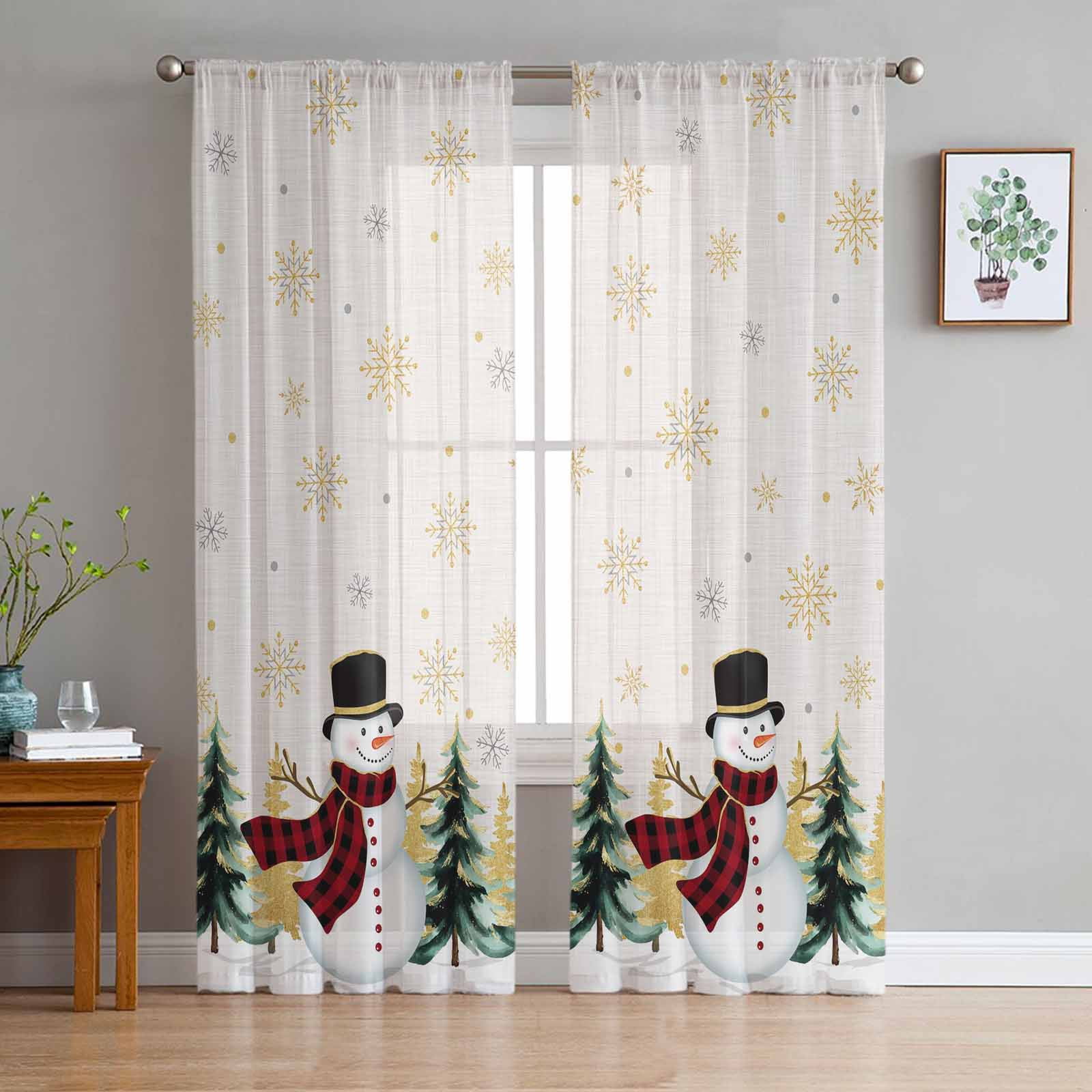 Christmas Snowman Sheer Curtains 63 Inch Length 2 Panels Set, Semi ...