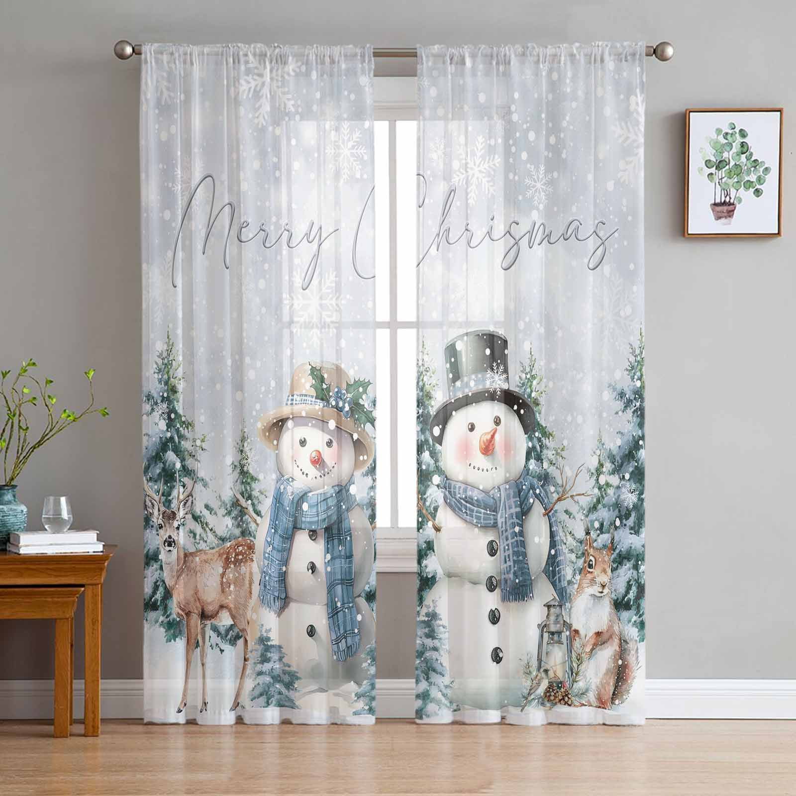 Christmas Snowman Sheer Curtains 63 Inches Long, Grey Snowflake Xmas ...