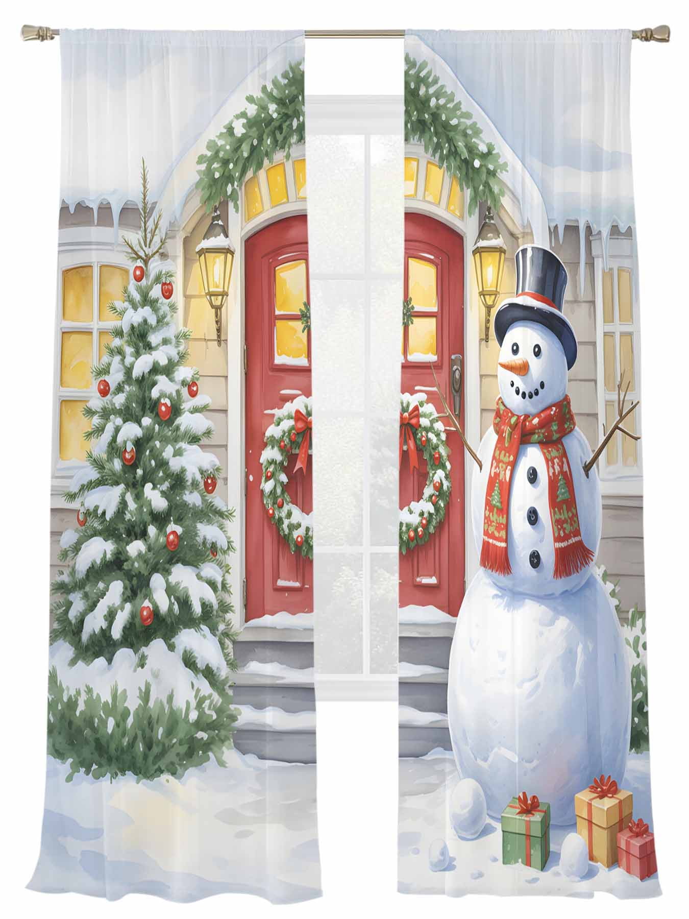 Christmas Snowman Sheer Curtains 84 inches Long, Winter Xmas House Pine ...