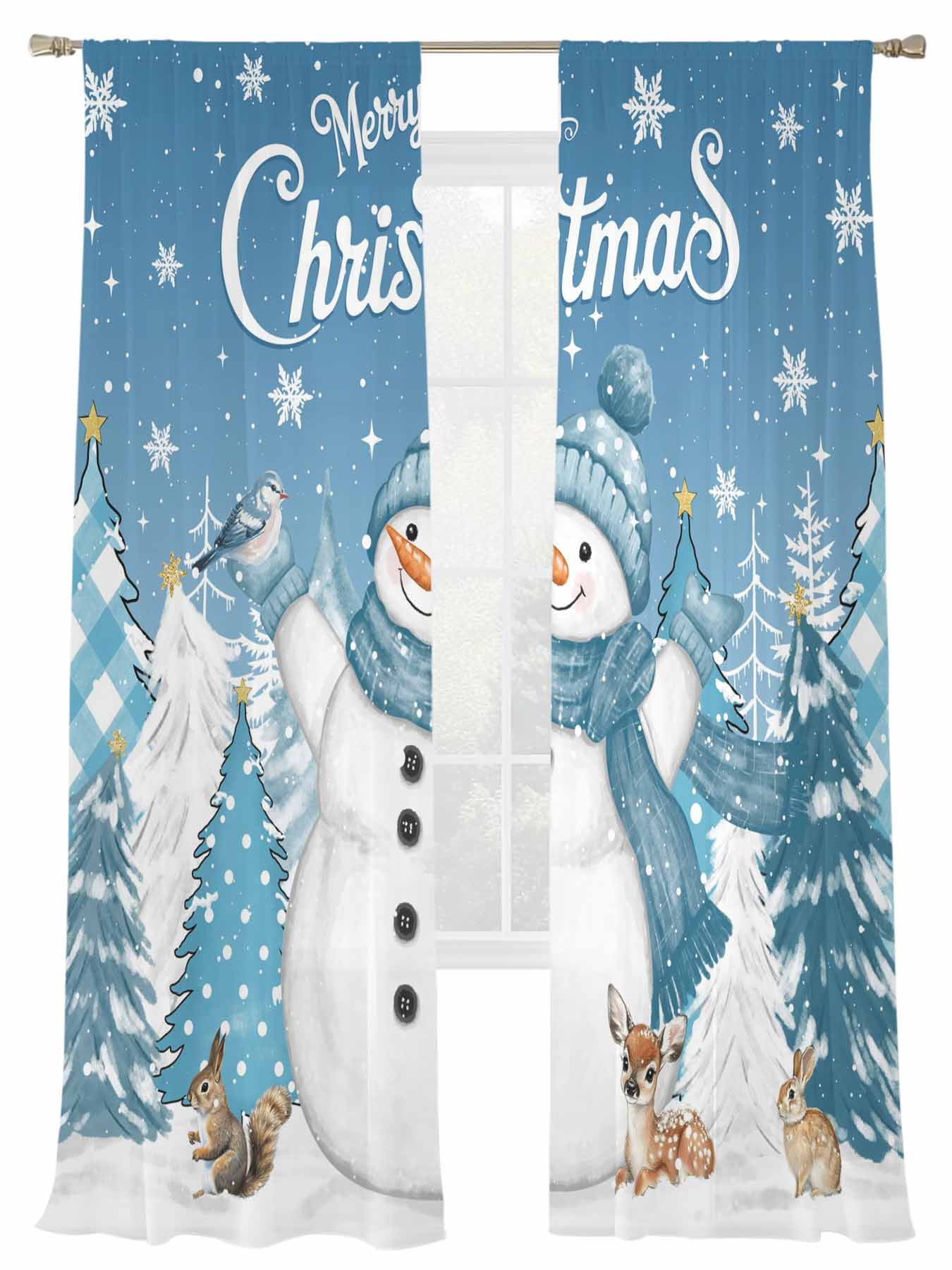 Christmas Snowman Sheer Curtains 84 inches Long, Xmas Tree Snowflake ...
