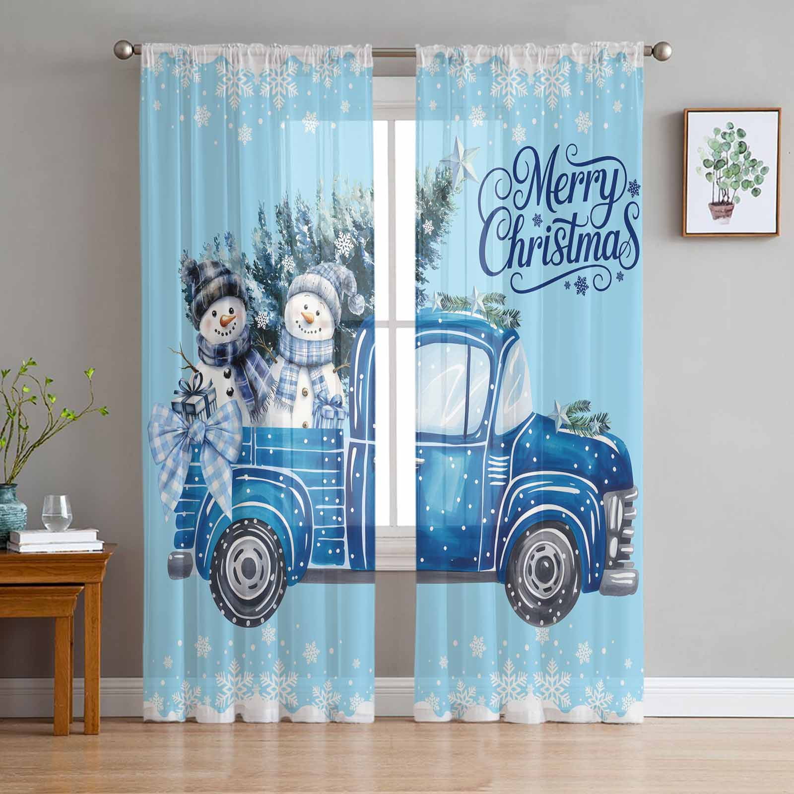 Christmas Snowman Sheer Curtains 96 Inches Long, Winter Blue Truck Xmas ...