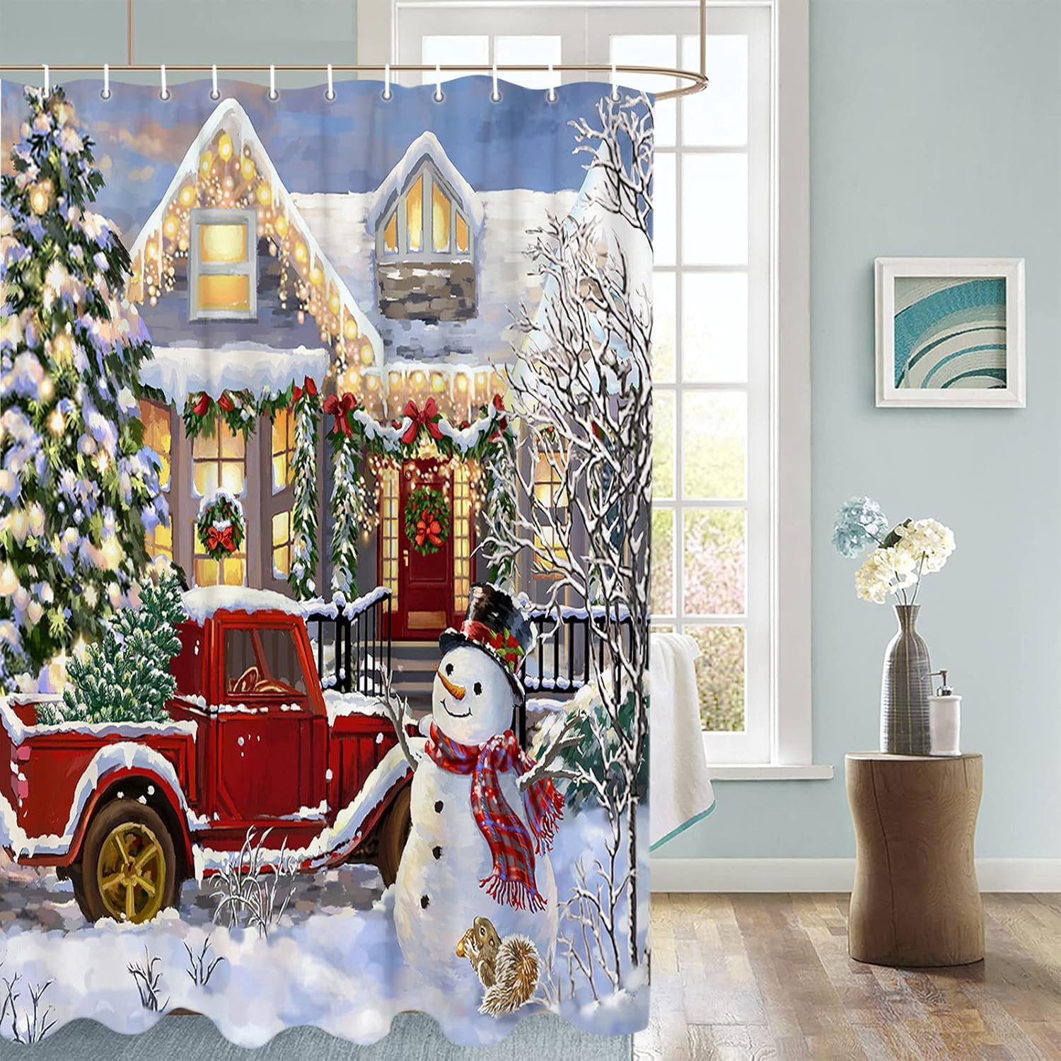 Christmas Snowman Shower Curtain for Bathroom, Winter Xmas Tree Red ...