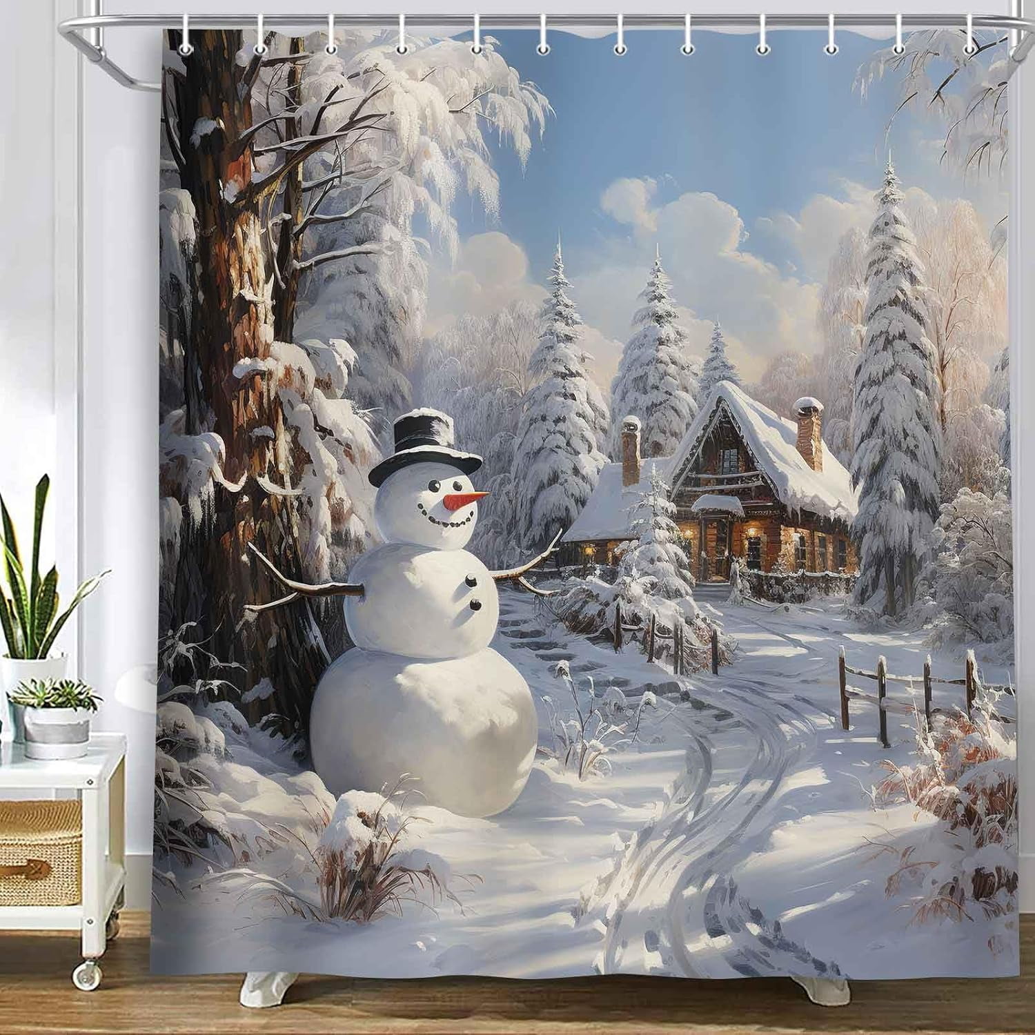 Christmas Snowman Shower Curtain, Winter Snow Trees Rustic Farmhouse ...