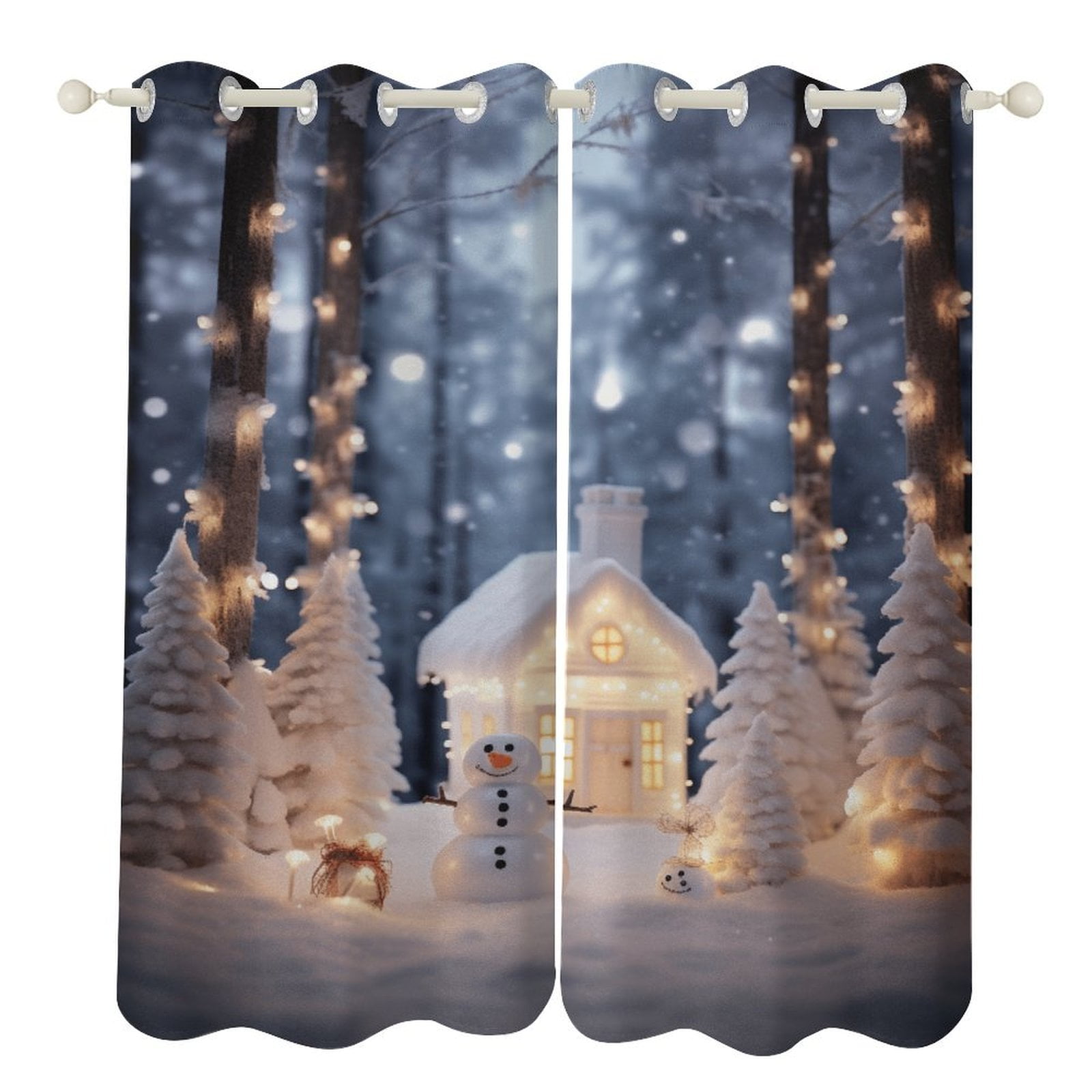 Christmas Snowman Snow House 2 Panel Curtain Set, Watercolor Painting ...