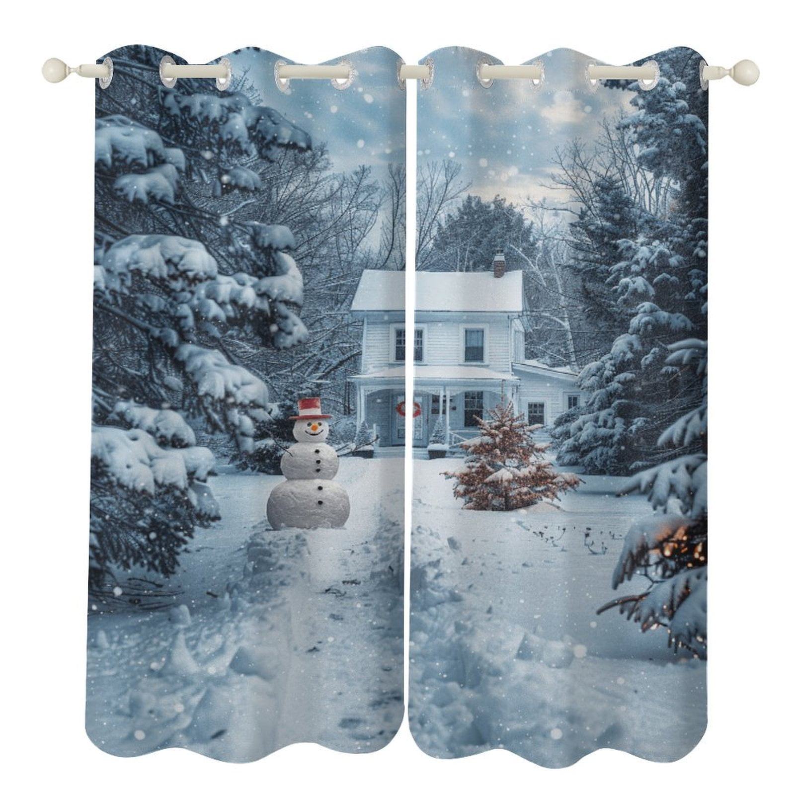 Christmas Snowman Snow House Curtains Aesthetic Envrionmental Friendly ...