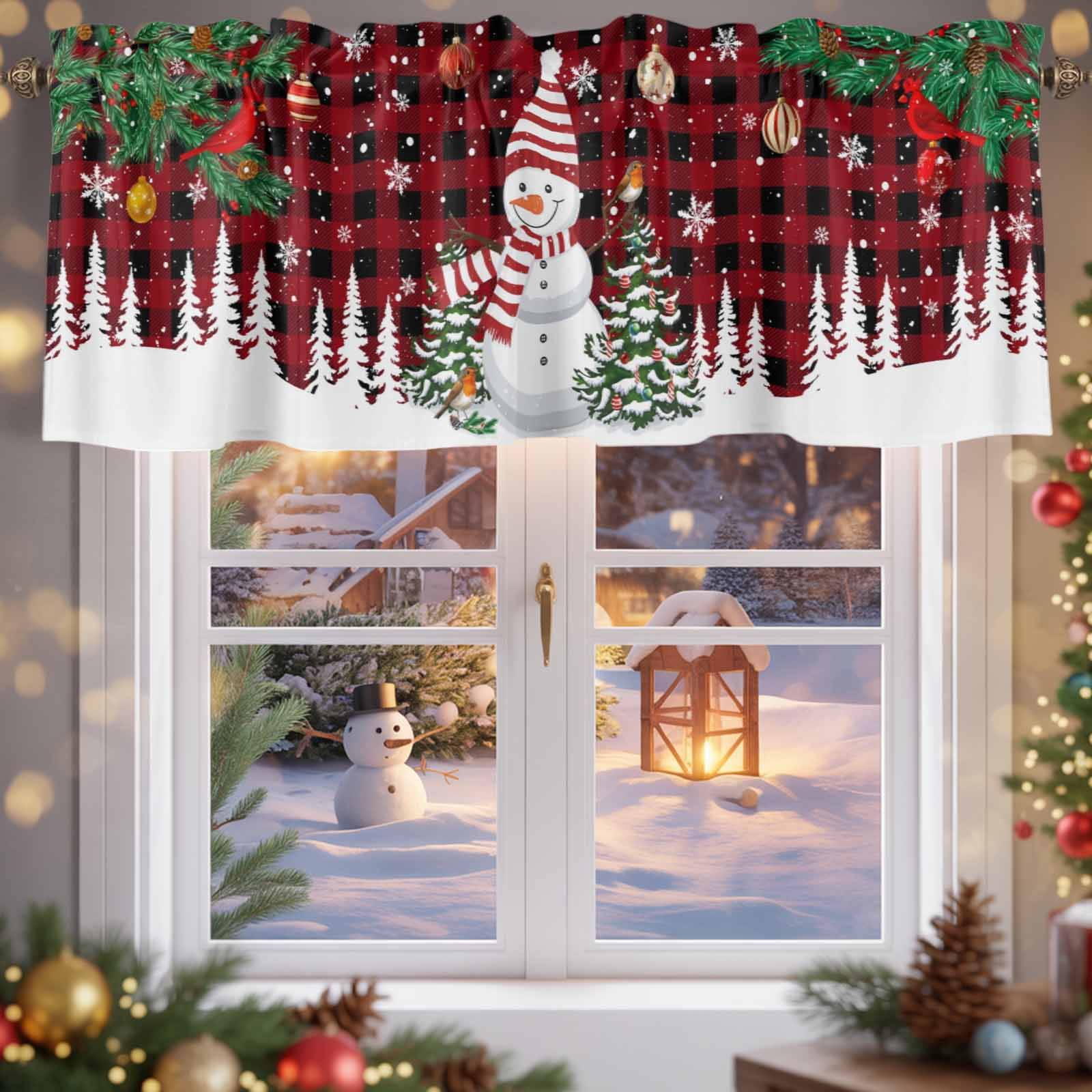 Christmas Snowman Snow Pine Tree Valances for Windows,Kitchen Valance ...
