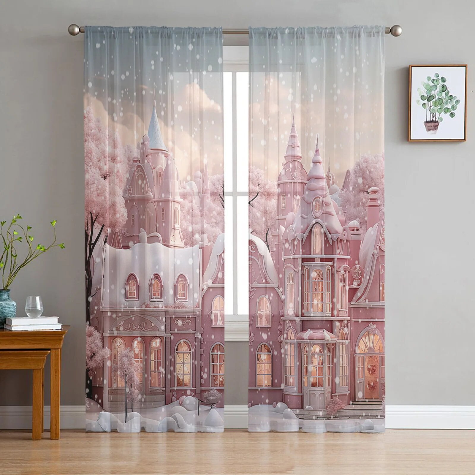 Christmas Snowman Snow Scene Pink House Sheer Curtains Christmas Home ...
