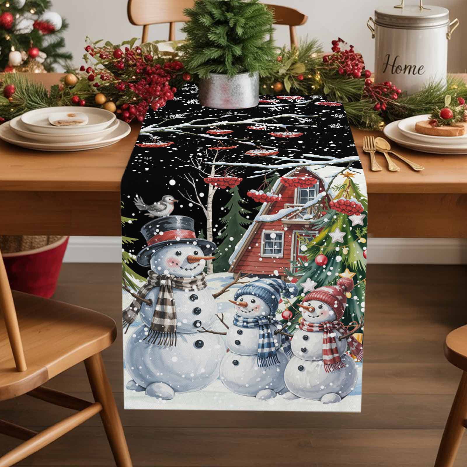 Christmas Snowman Snowflakes Table Runner 18x72in Non-Slip Cotton Linen ...