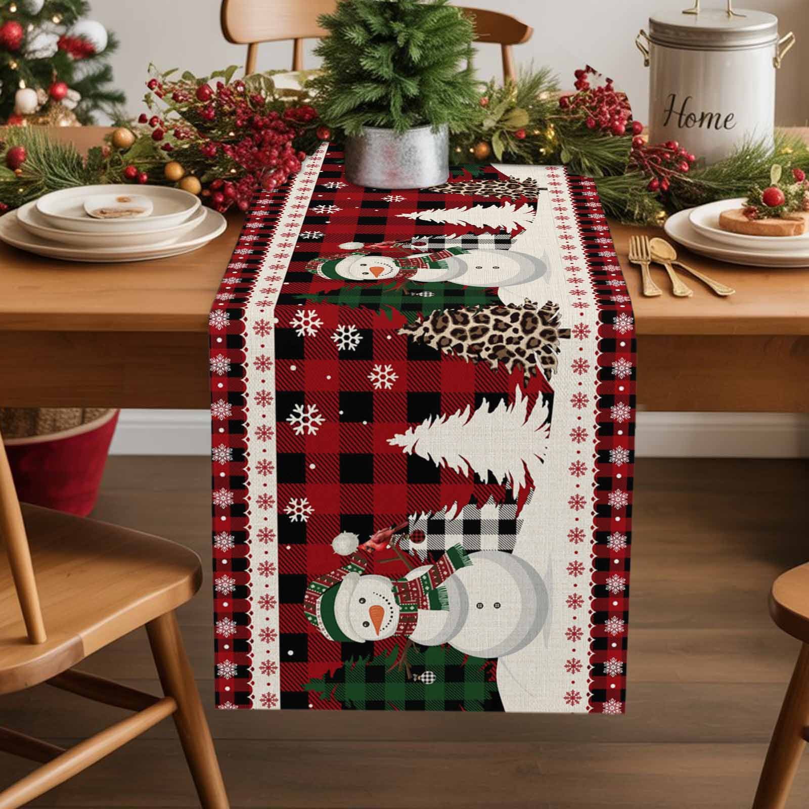 Christmas Snowman Table Runner 13x60 Inch Xmas Tree Snowflake Red Plaid ...