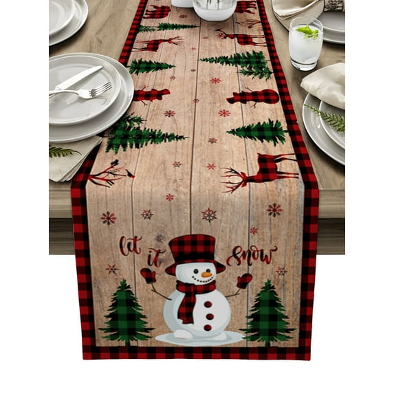 Christmas Snowman Table Runner 36 Inches, Xmas Trees Brown Wood Red ...
