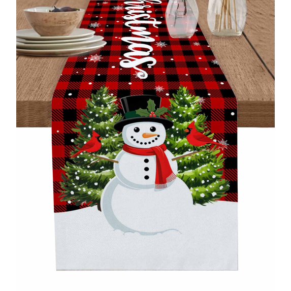 Christmas Snowman Table Runner 90 Inches, Red Black Plaid Xmas Trees ...