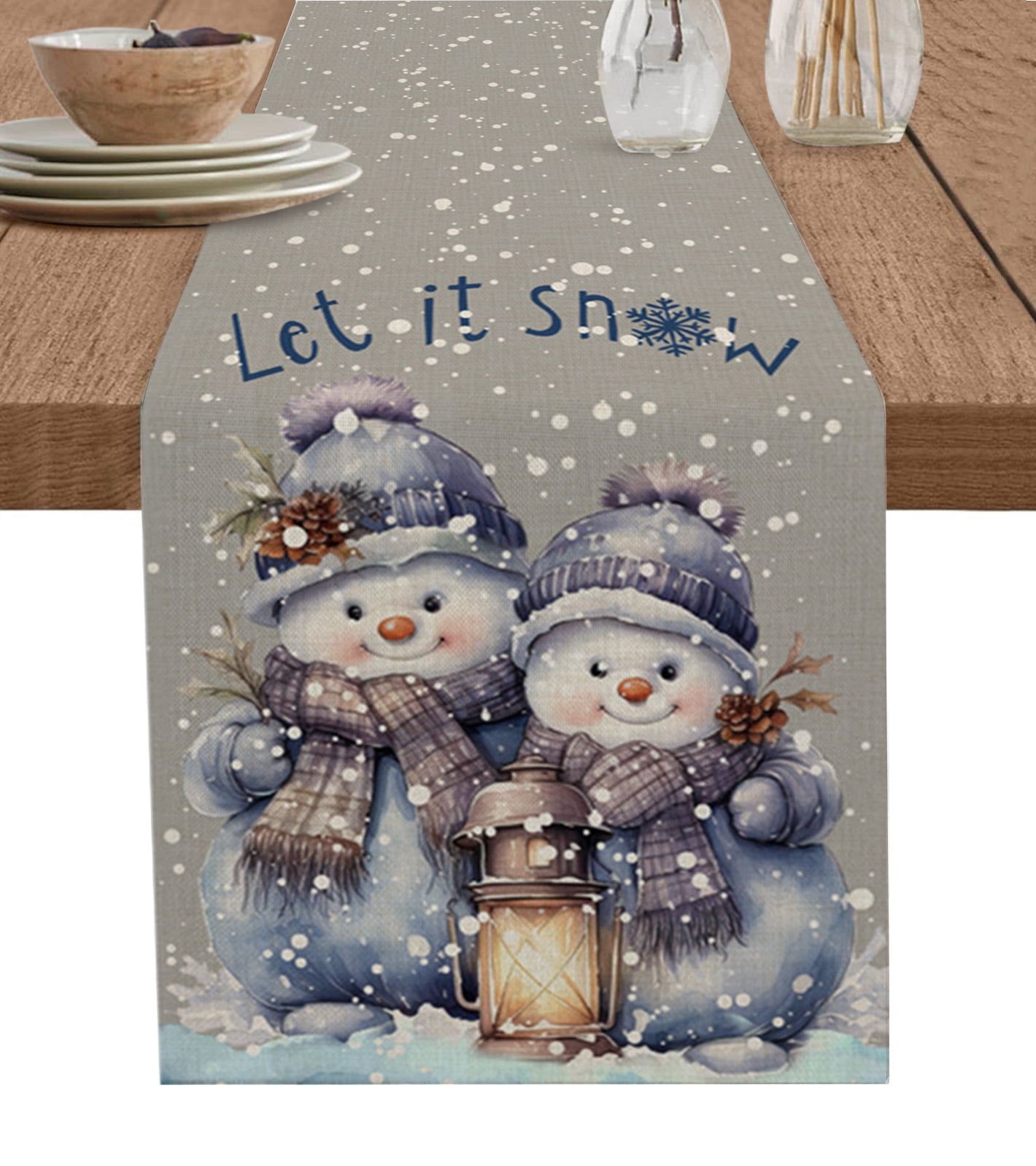 Christmas Snowman Table Runner Winter Snowflake Grey Rustic Burlap ...